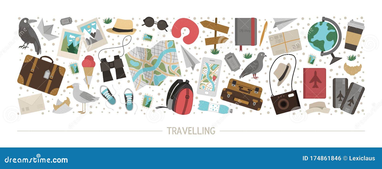 Vector Horizontal Layout Set with Travelling Objects. Journey Elements ...