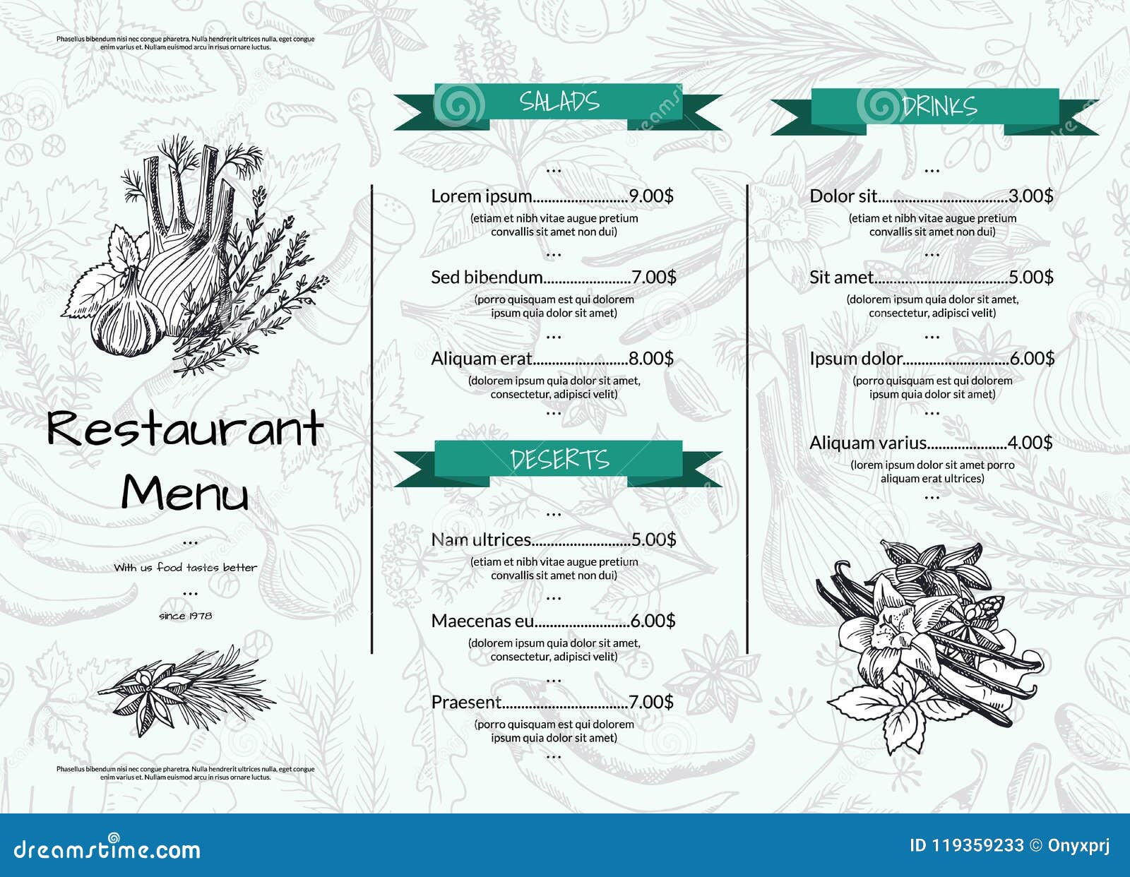 Vector Horizontal Restaurant or Cafe Menu Template with Hand Drawn ...