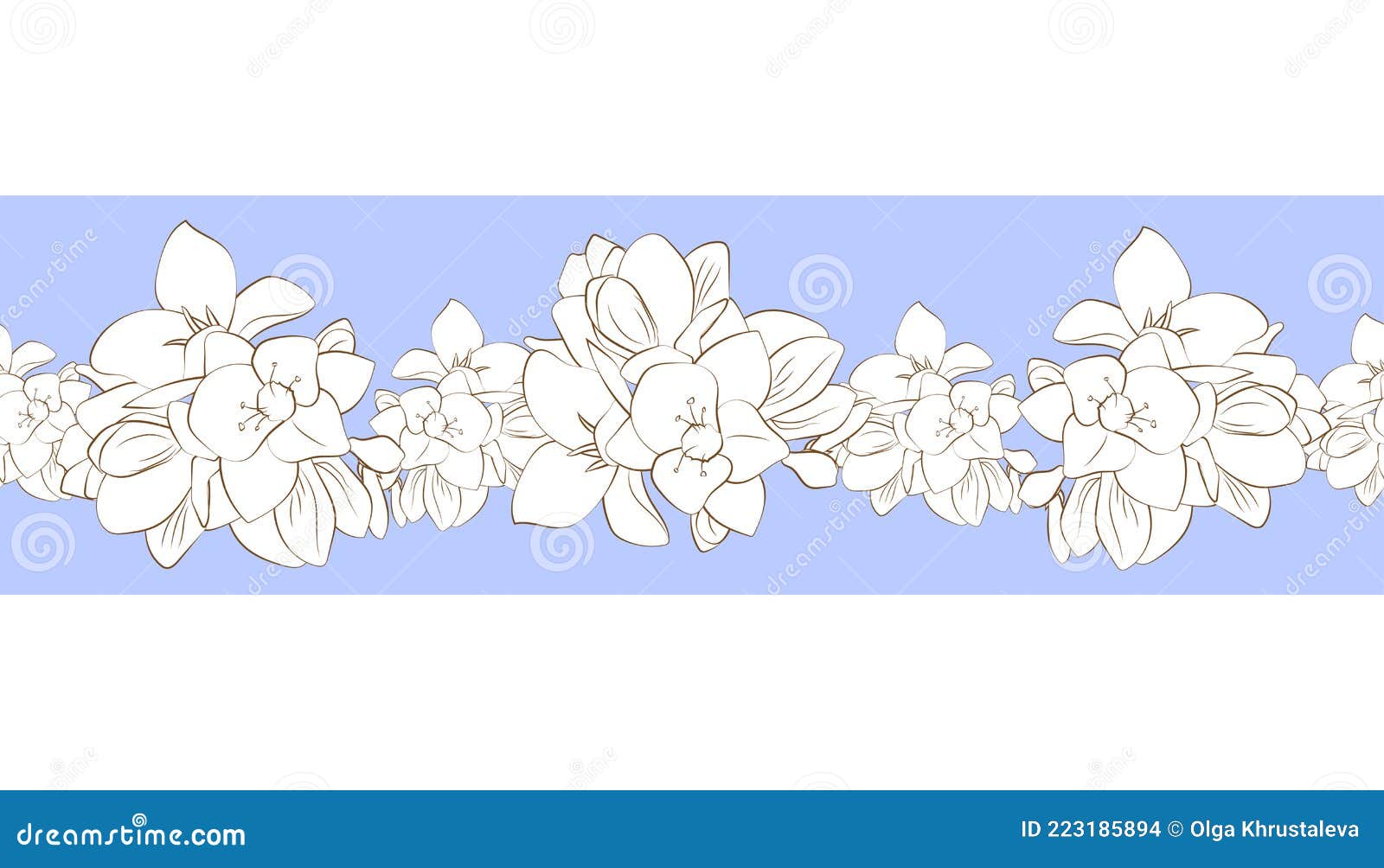 Vector Horizontal Seamless Border with White Freesia Flowers on a Blue ...