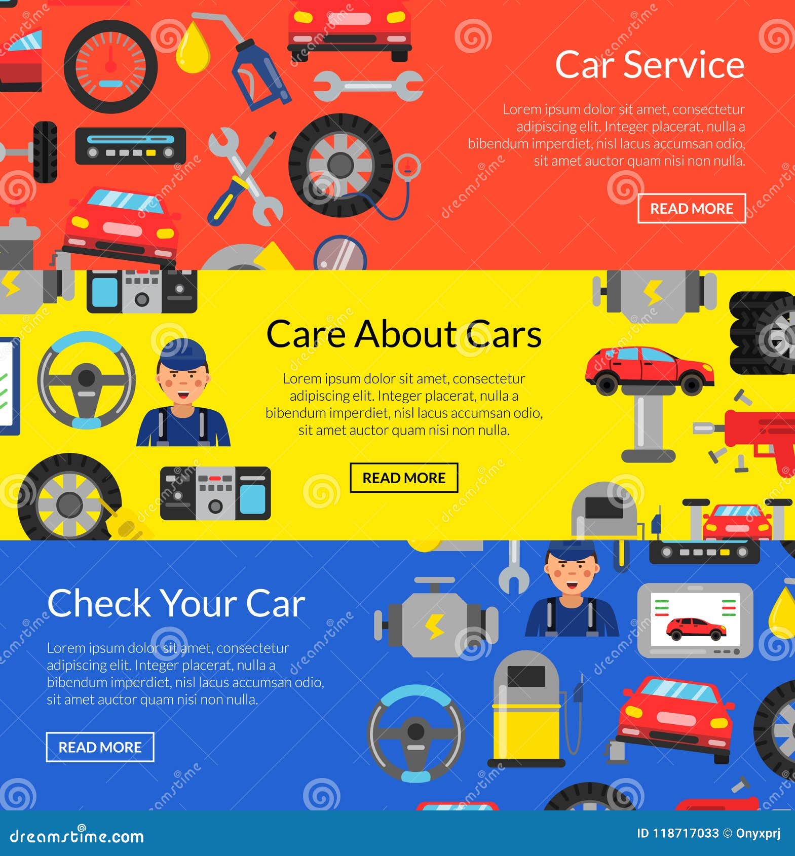 Vector Horizontal Web Banners Illustration with Flat Style Car Service ...