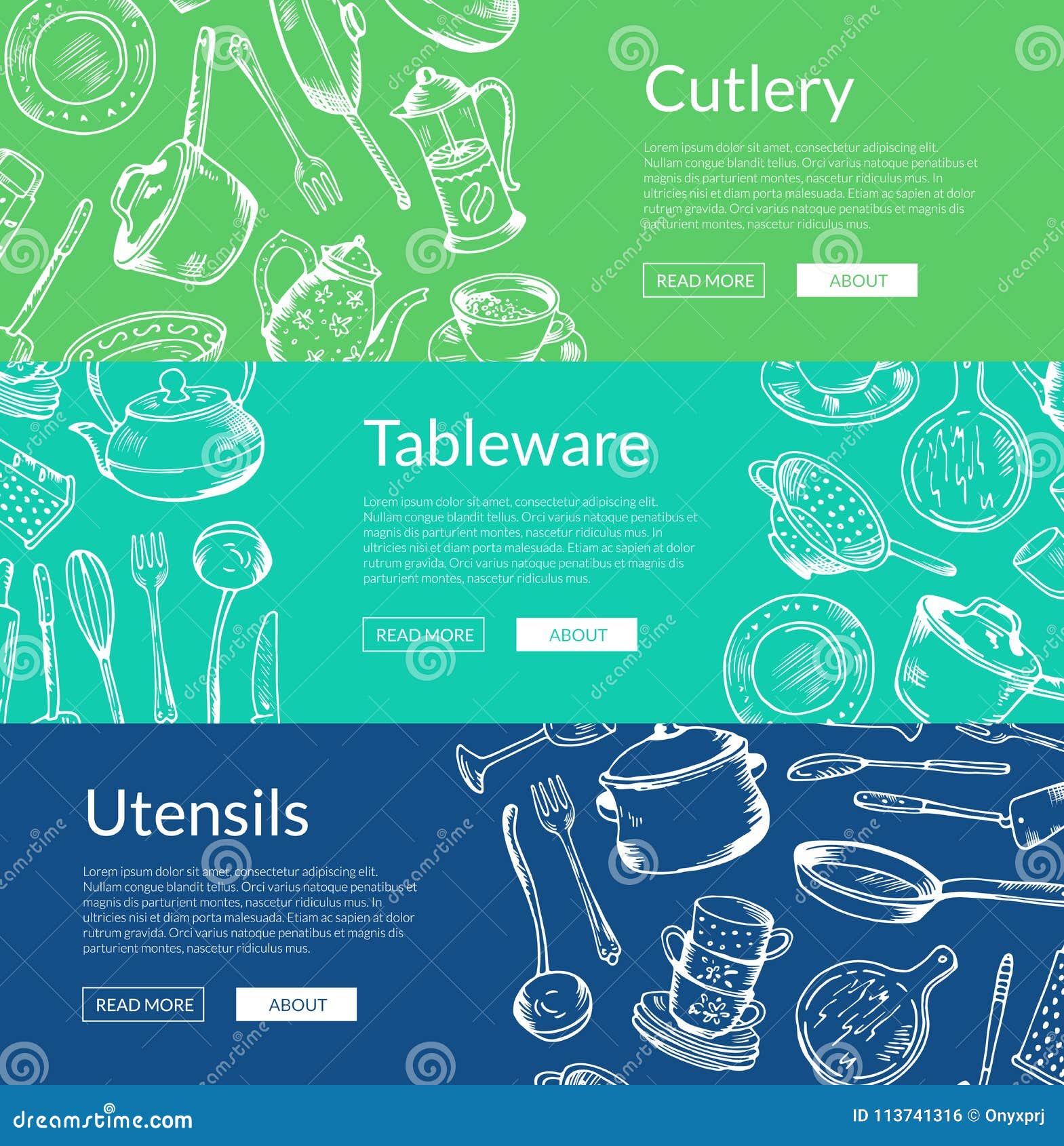 Vector Banners Illustration with Hand Drawn Kitchen Utensils Stock ...