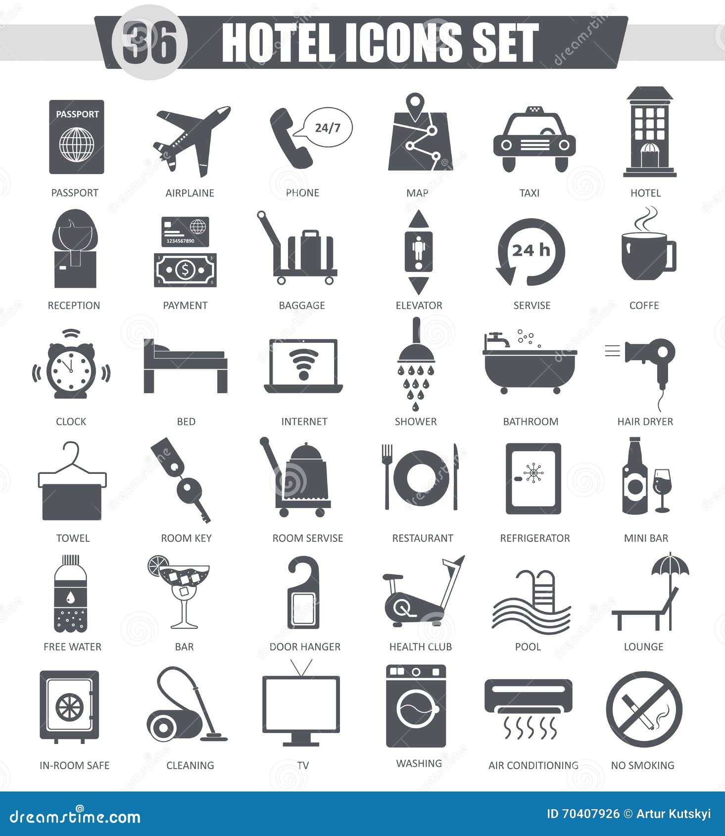 Vector Hotel Black Icon Set. Dark Grey Classic Icon Design for Web ...
