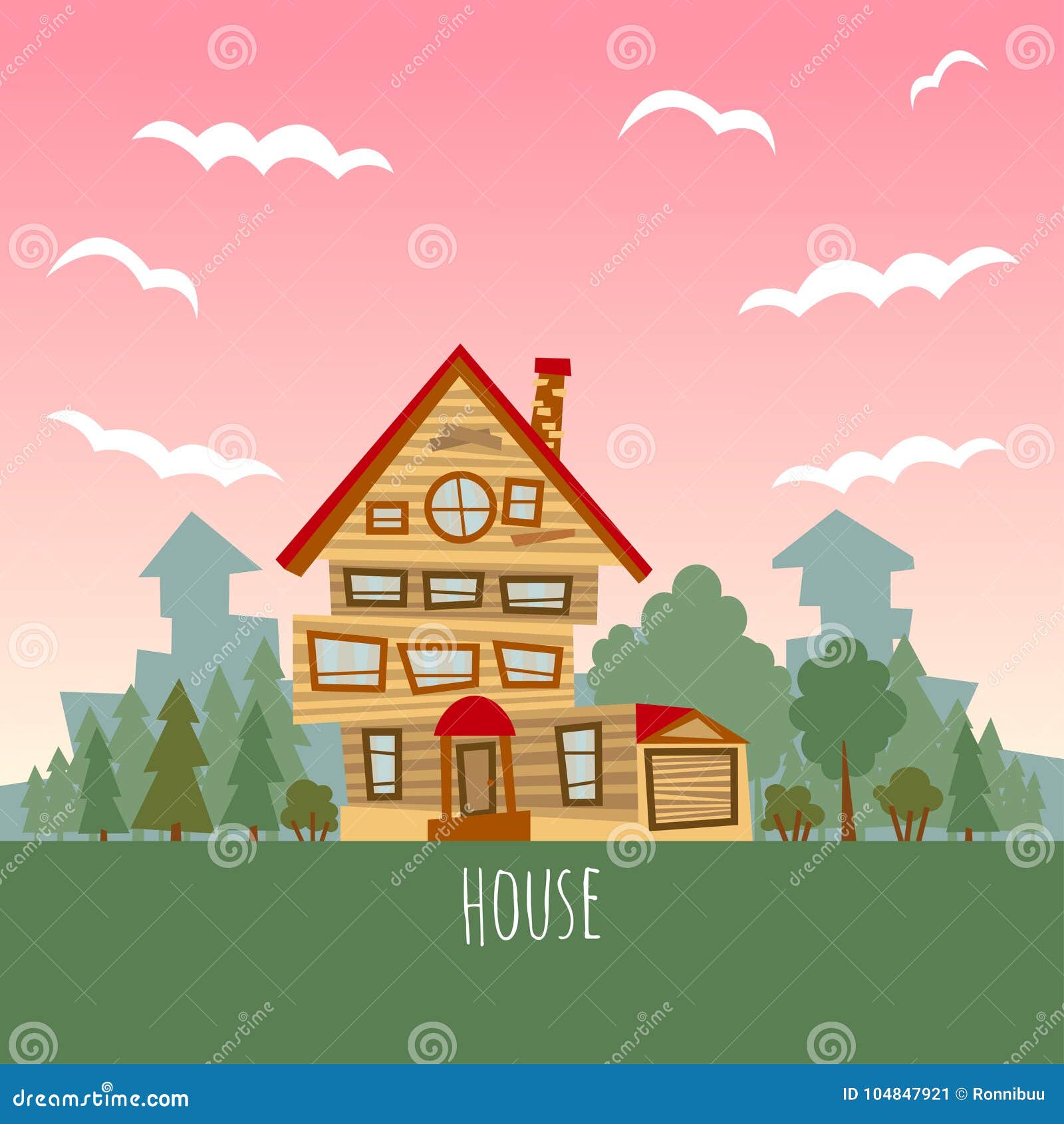Vector House with Greenery, Shrubs and Trees Stock Vector ...