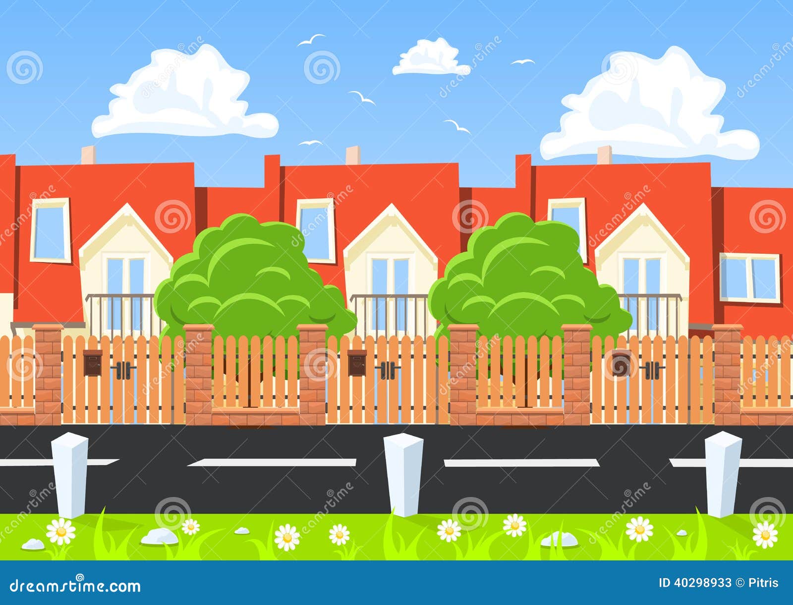 Vector Houses in a Row beside the Road Stock Vector - Illustration of ...