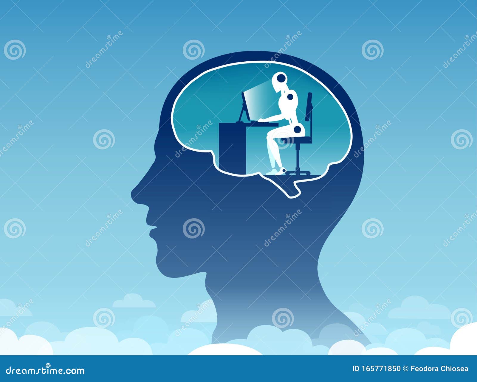 Vector of a Human Head Outline with a Robot Working on Computer Inside ...