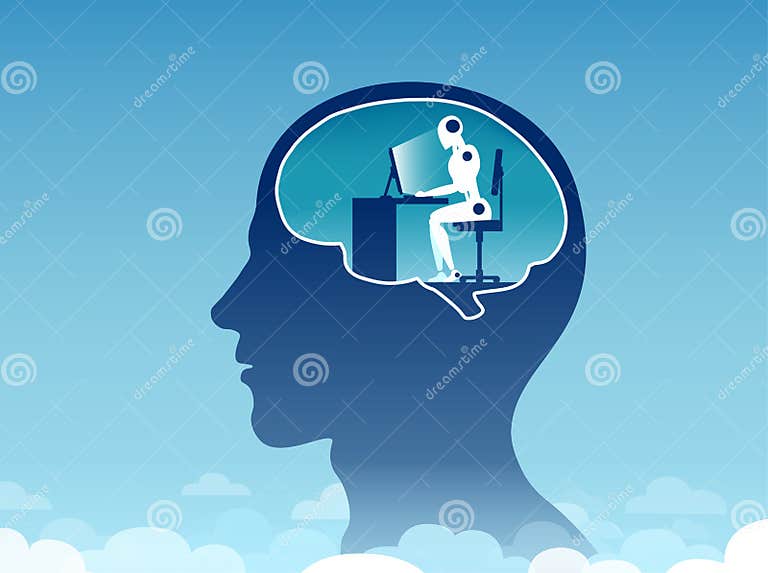 Vector of a Human Head Outline with a Robot Working on Computer Inside ...