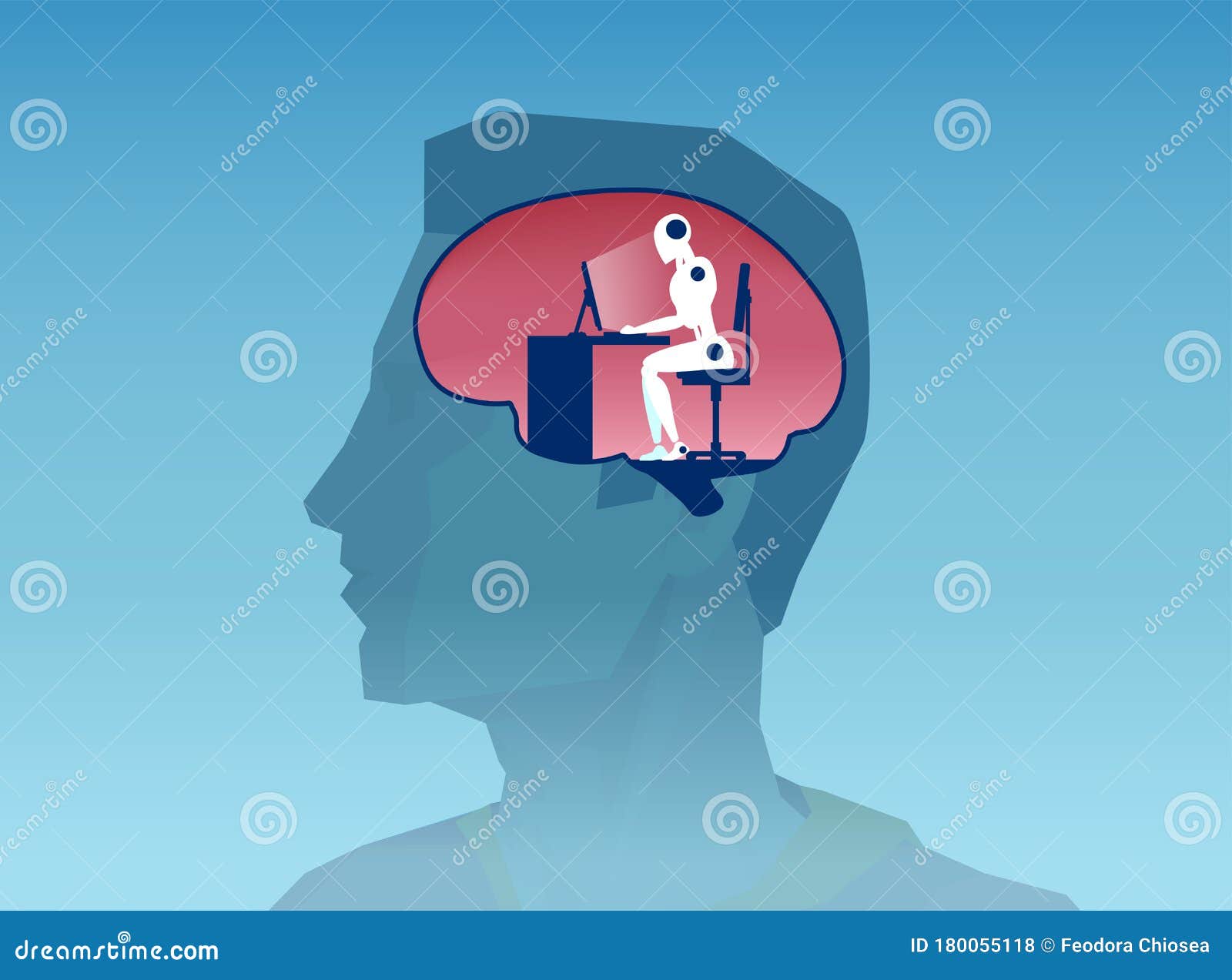 Vector of a Human Head Silhouette with Robot Working on Computer Inside ...