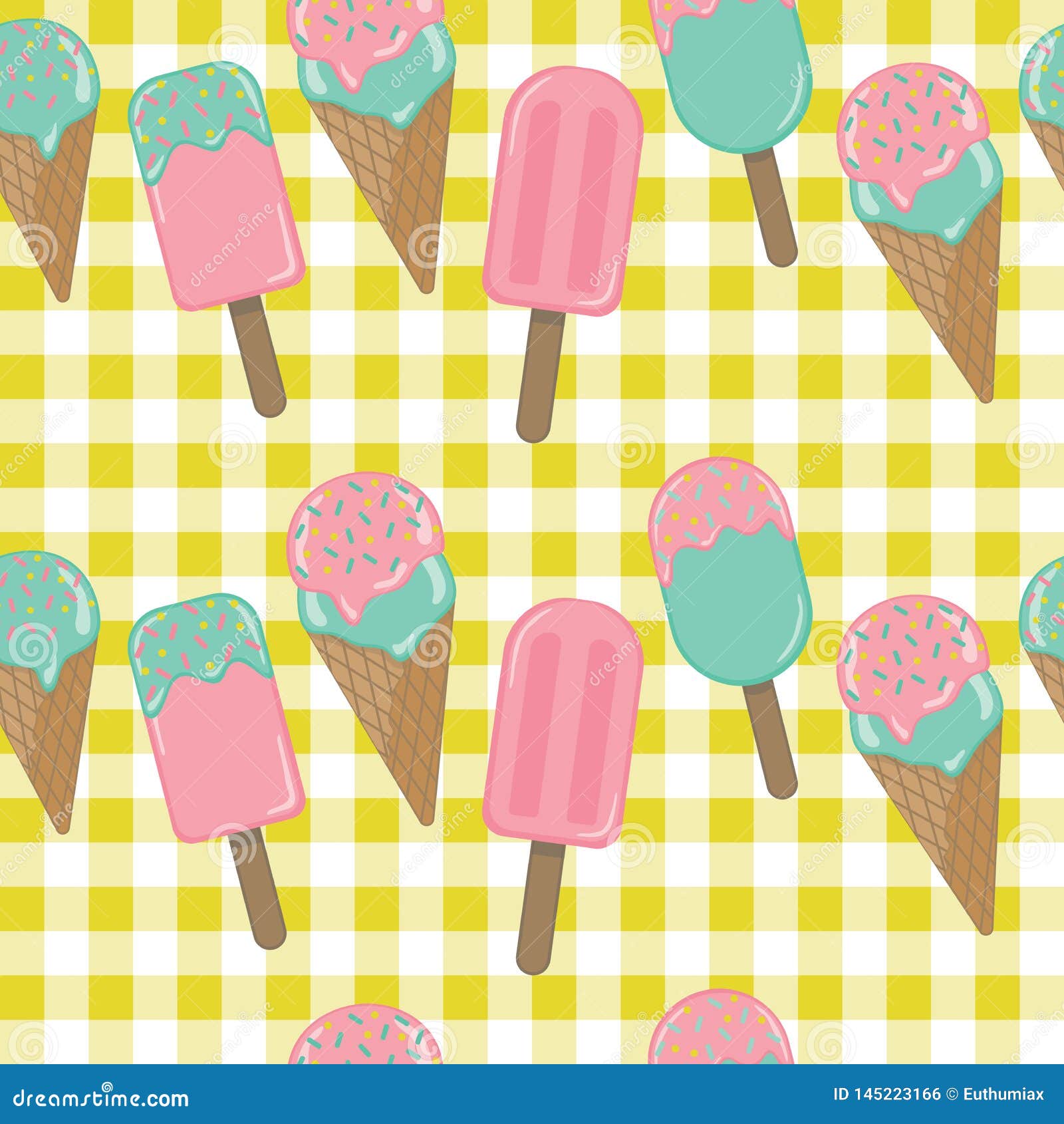 Vector Ice Cream Repeat Seamless Pattern. Pastel Colors on Yellow Check ...