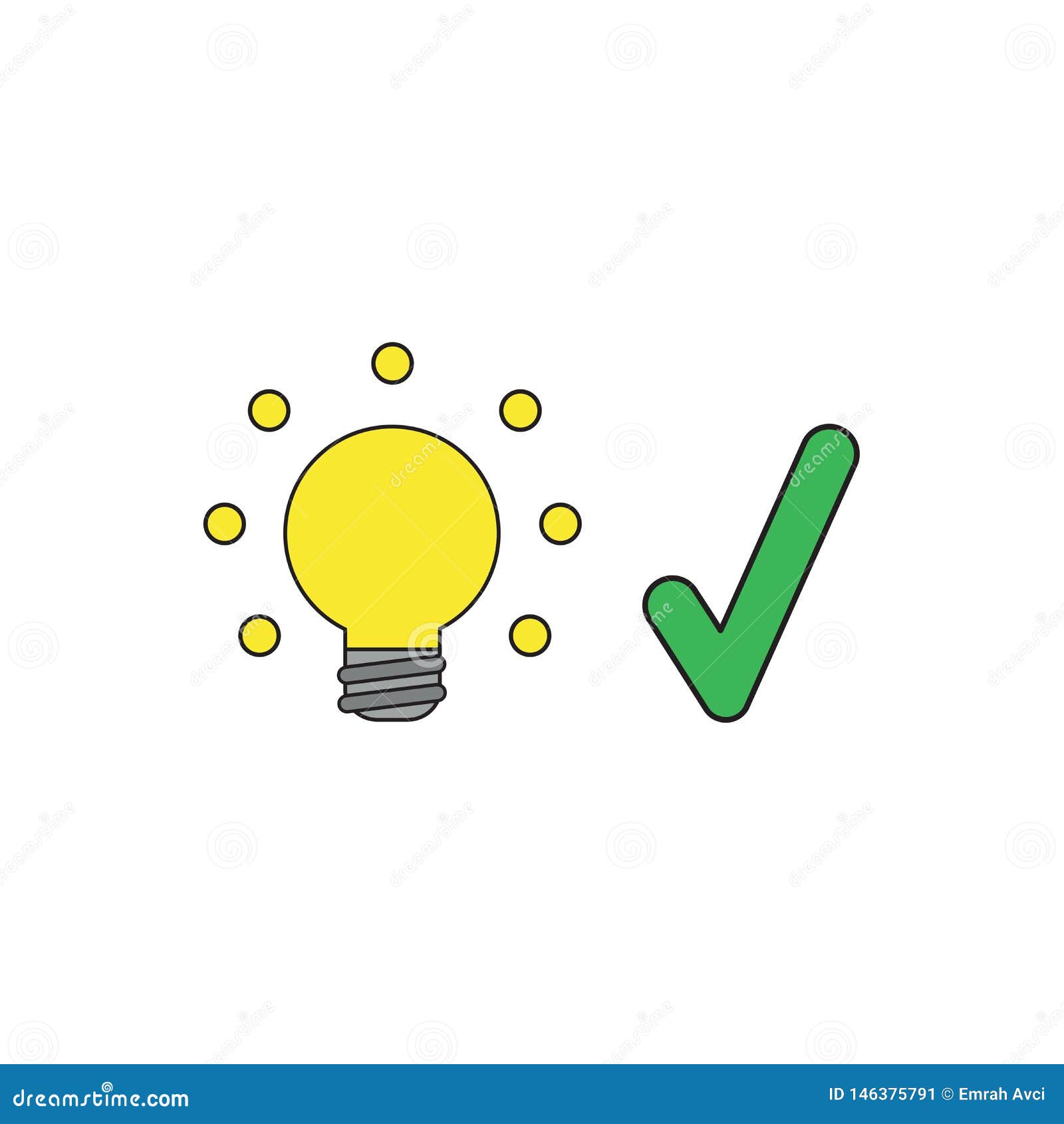 Vector Icon Concept of Glowing Light Bulb with Check Mark. Black ...