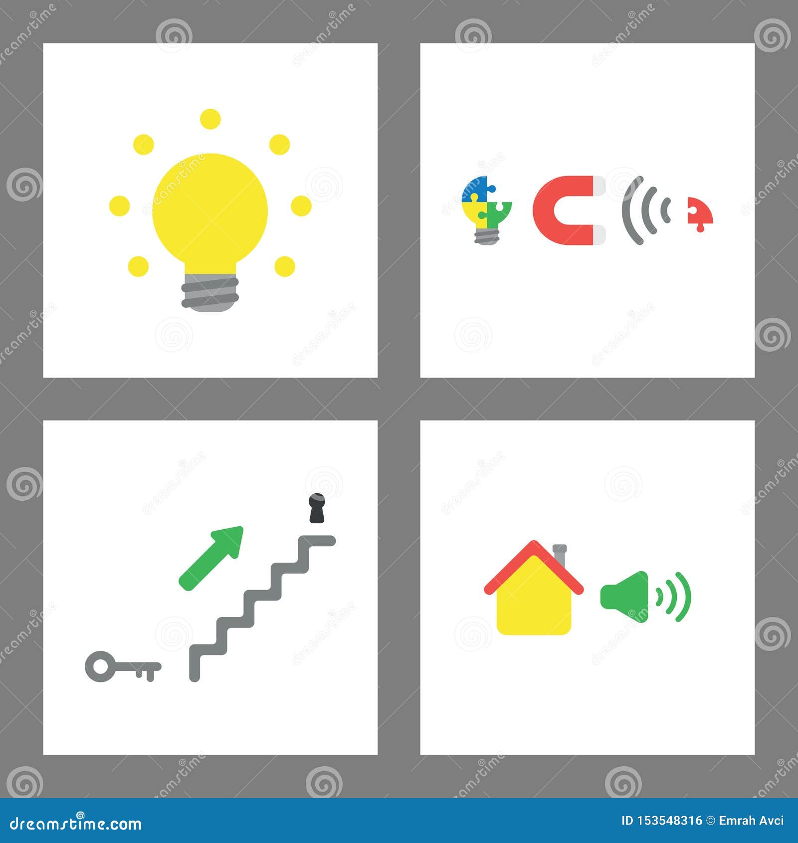 Icon Concept Set. Light Bulb, Puzzle, Missing Piece, Key Unlock and ... Icon Concept Set. Light Bulb, Puzzle, Missing Piece, Key Unlock and ...