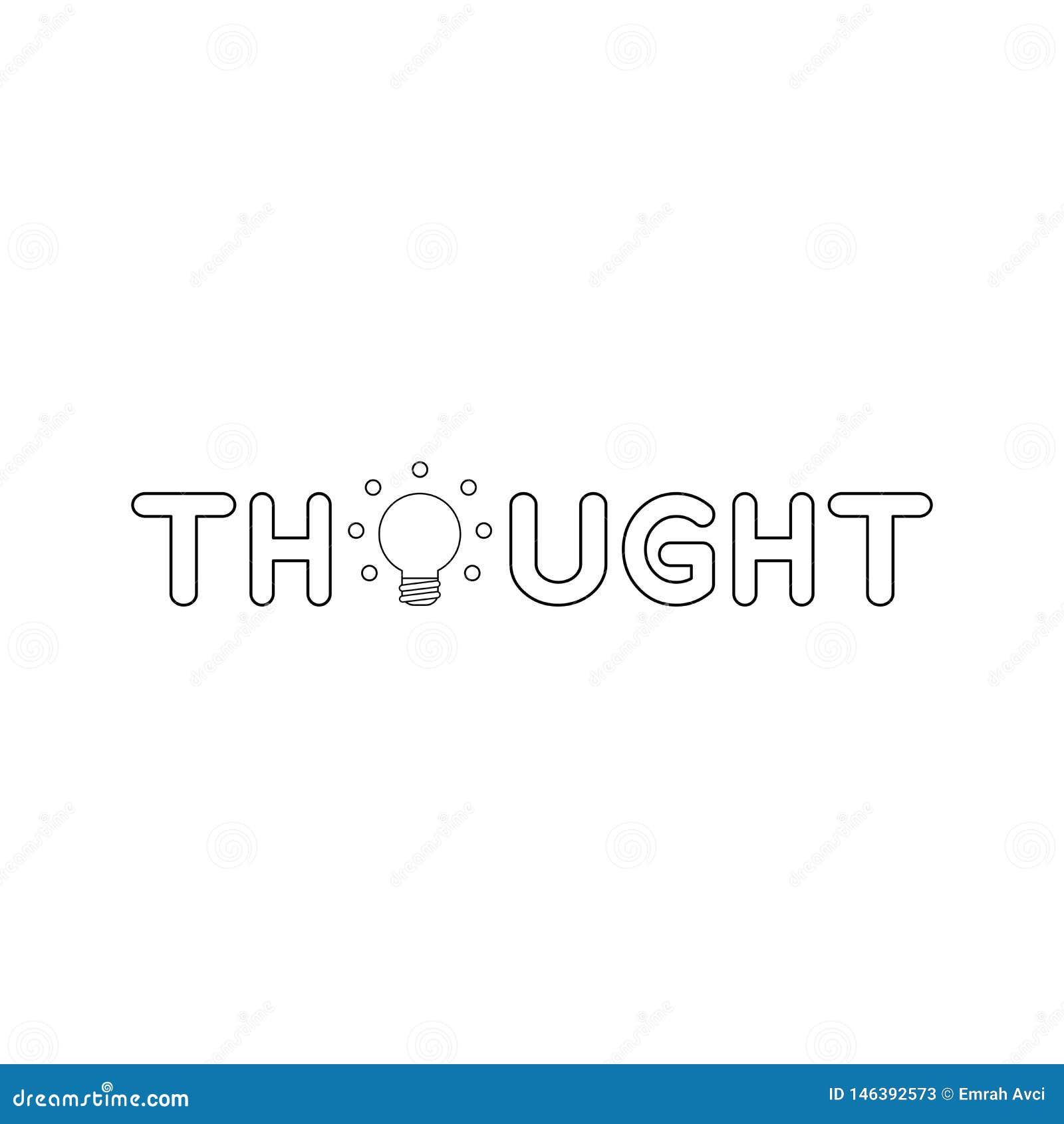 Vector Icon Concept of Thought Word with Glowing Light Bulb. Black ...
