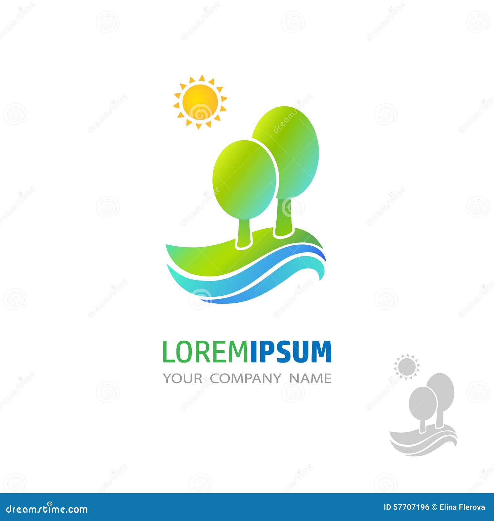 Vector Icon with Green Land, River, Sun and Two Trees. Stock Vector ...