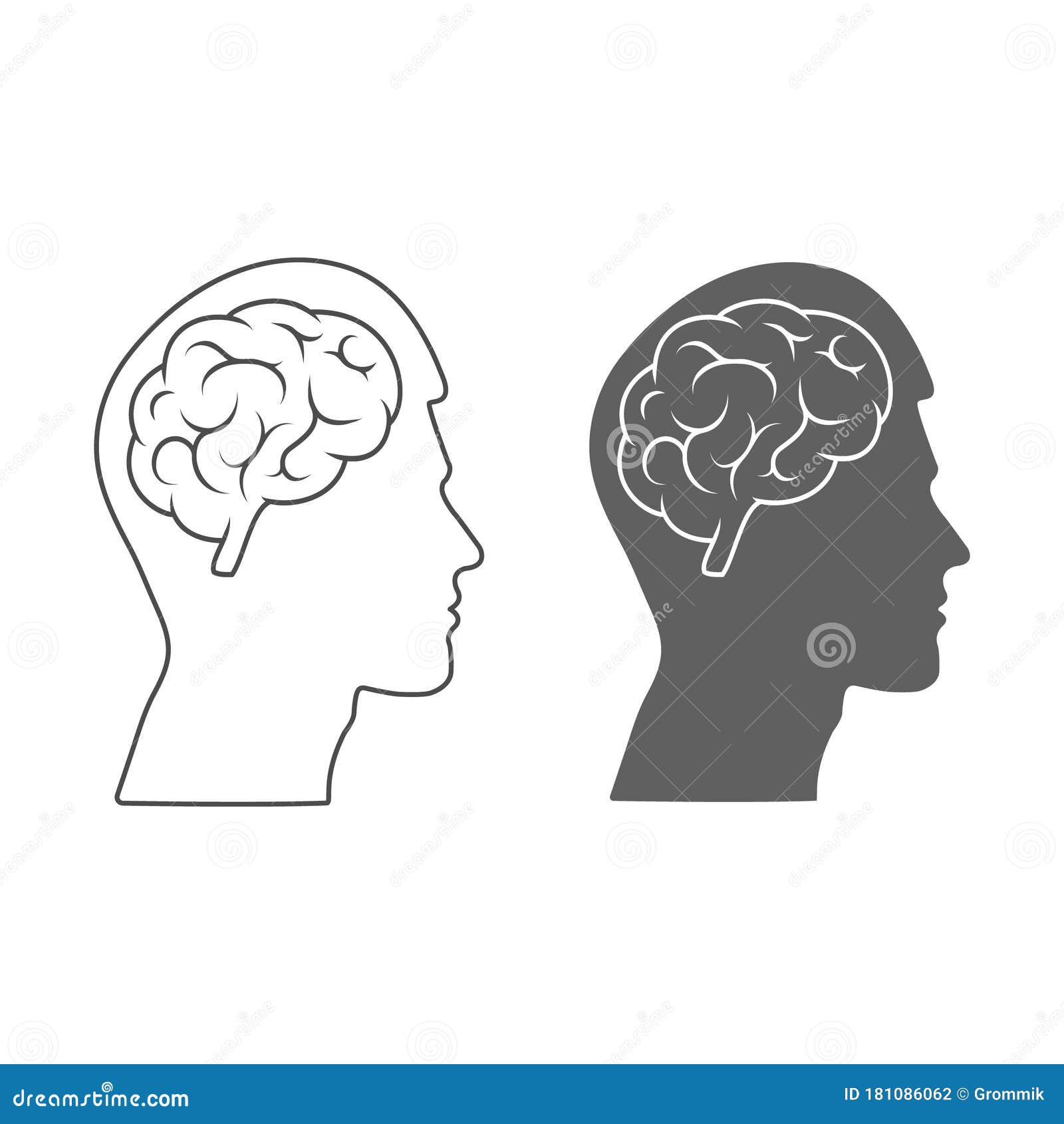 Vector Icon of a Male Head with a Brain Empty Outline and Silhouette ...