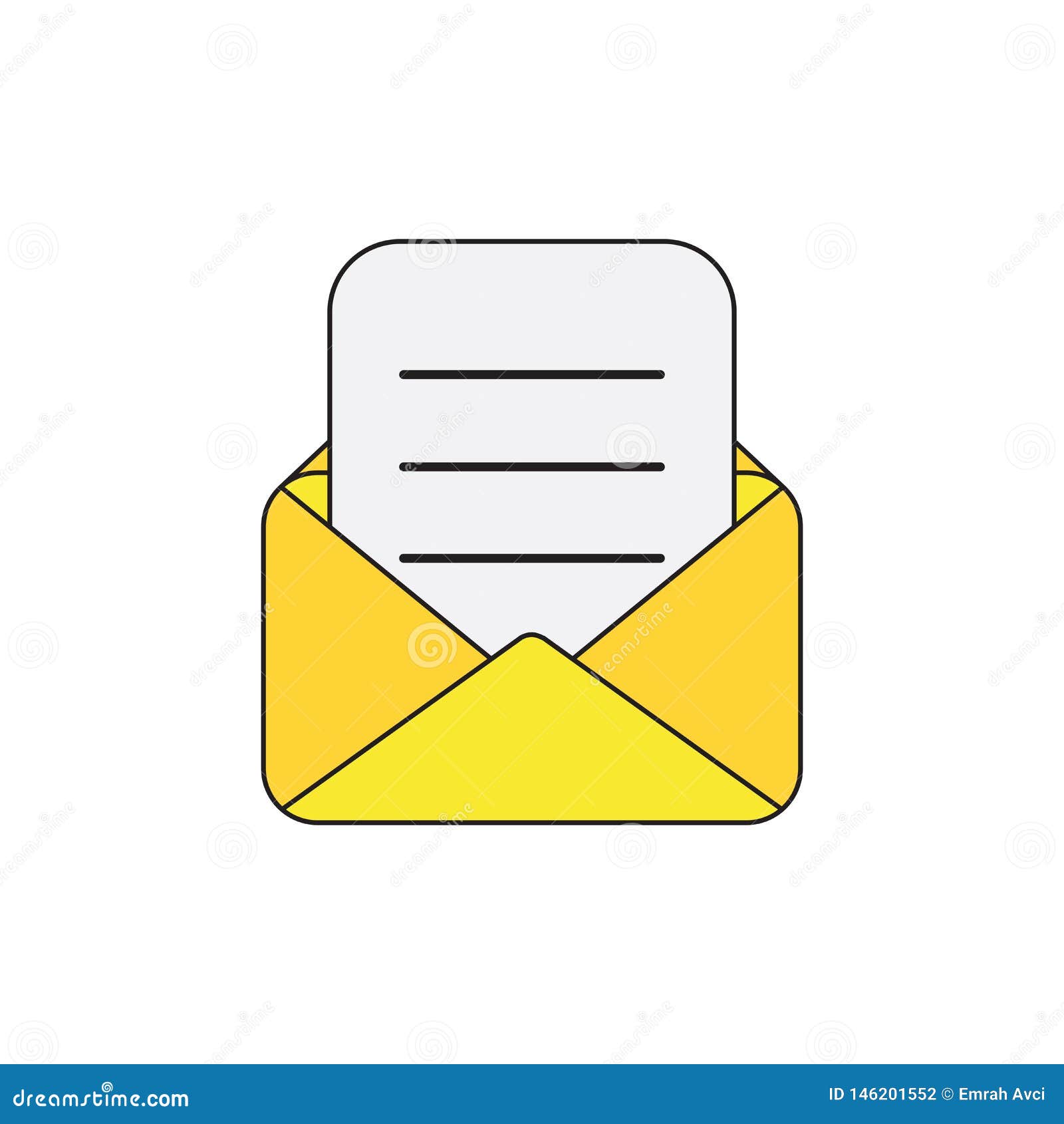 Vector Icon of Opened Mail Envelope with Written Paper. Black Outlines ...
