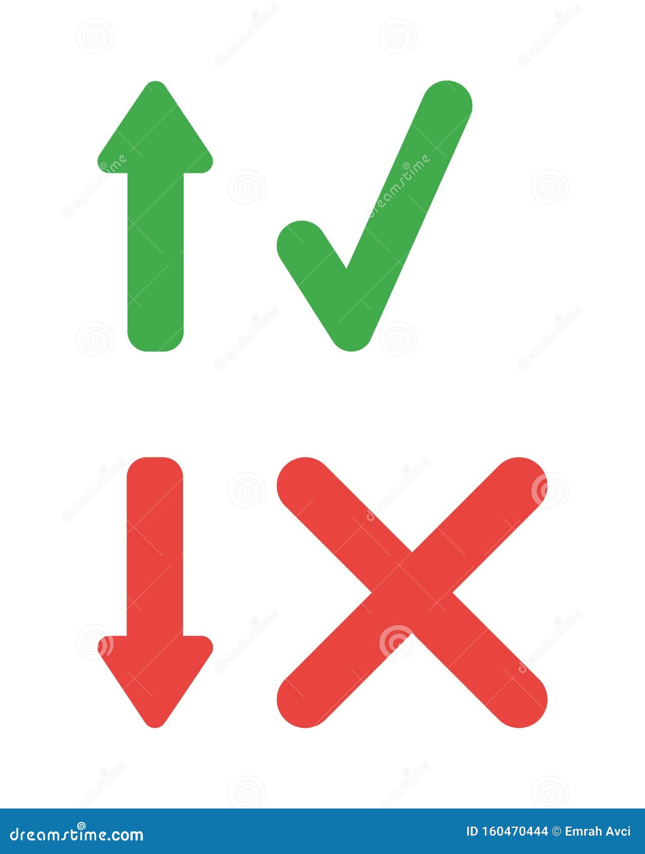Vector Icon Set of Arrow Up and Down with Check Mark and X Mark Stock ...
