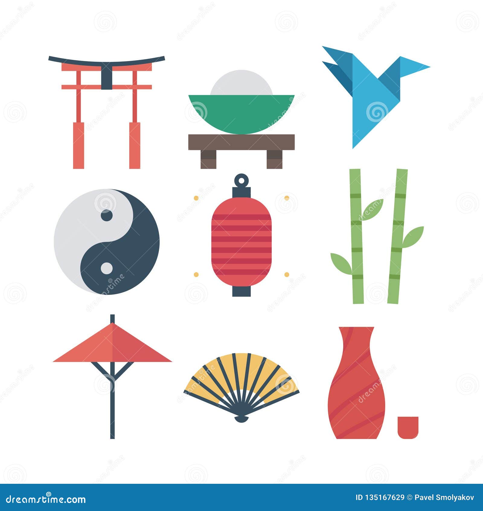 Vector Icon Set of of Asian Culture Stock Vector - Illustration of bird ...