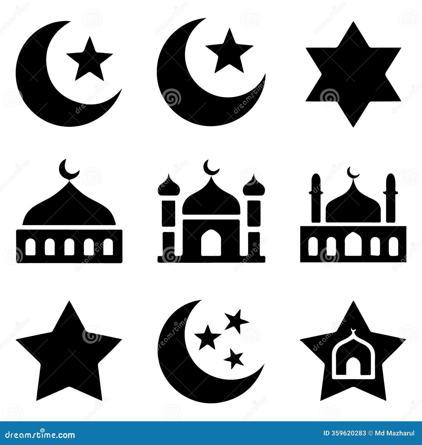 Vector Icon Set of Black and White Islamic Symbols Stock Illustration ...