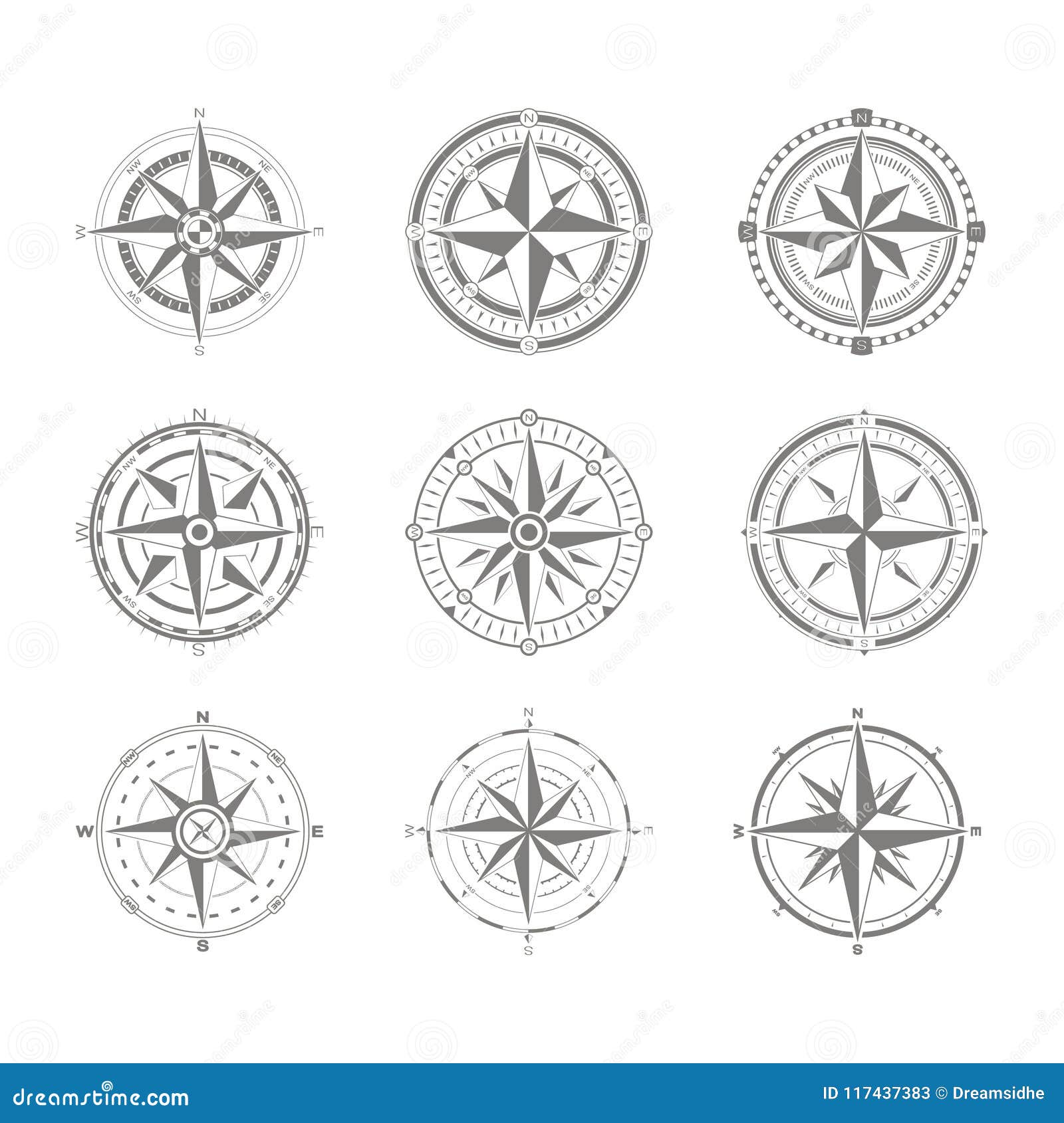 Vector Icon Set with Compass Rose Stock Vector - Illustration of ...
