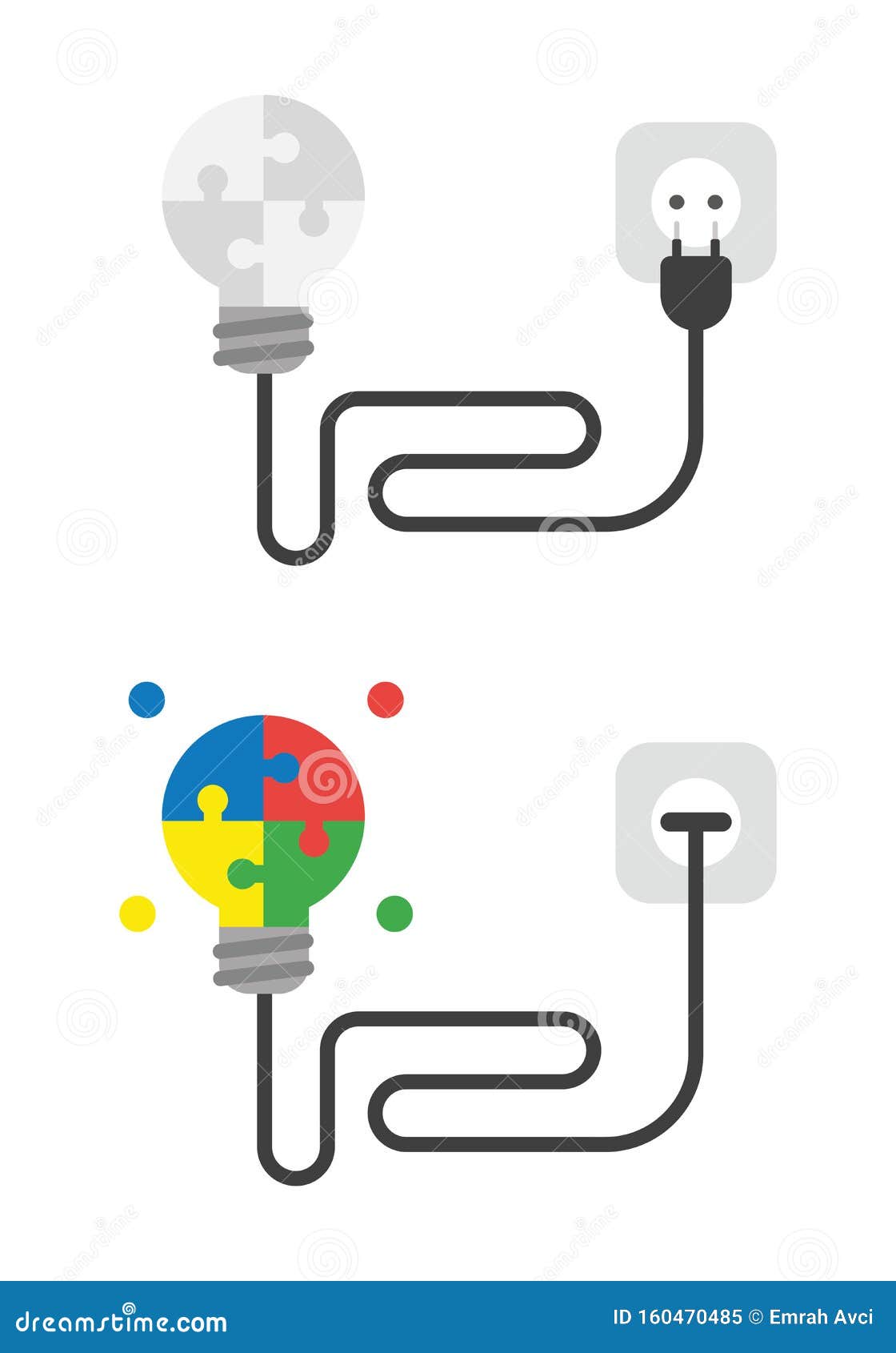 Vector Icon Set of Connected Puzzle Pieces Light Bulb with Cable, Plug ...