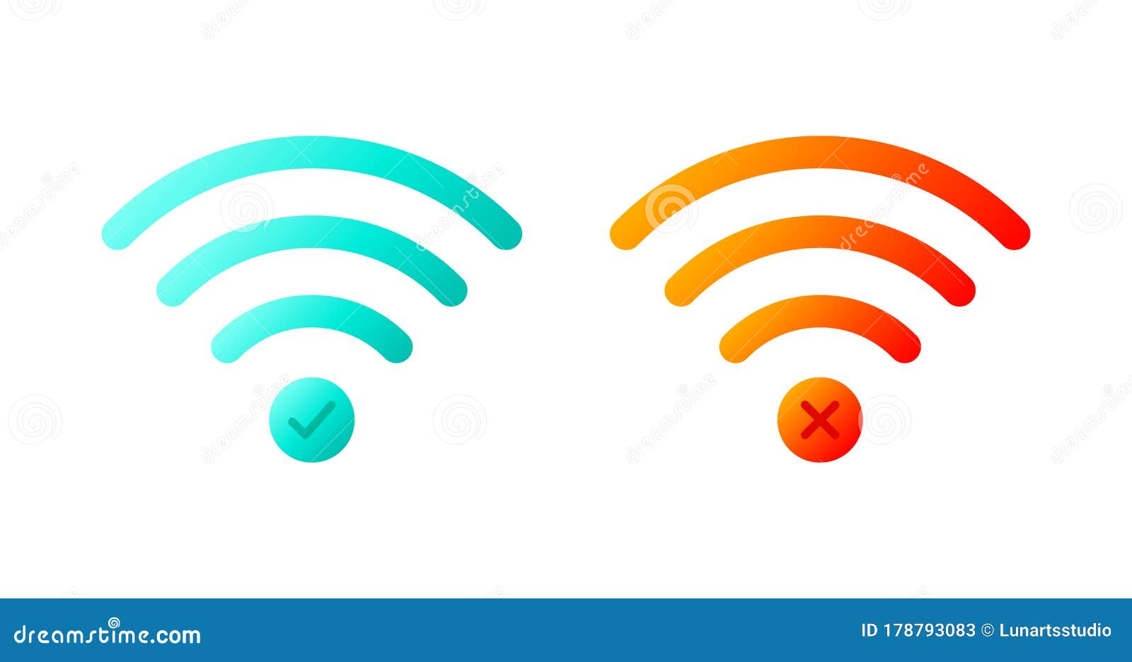 Vector Icon Set of Wireless Wifi Symbols with Check Mark and X Mark ...