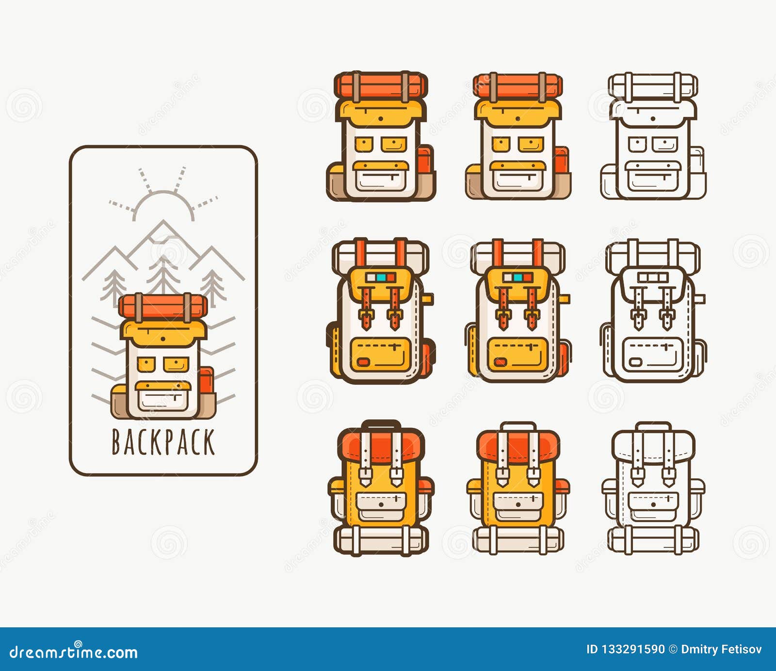 Vector Icons with Backpacks for Hiking Stock Vector - Illustration of ...