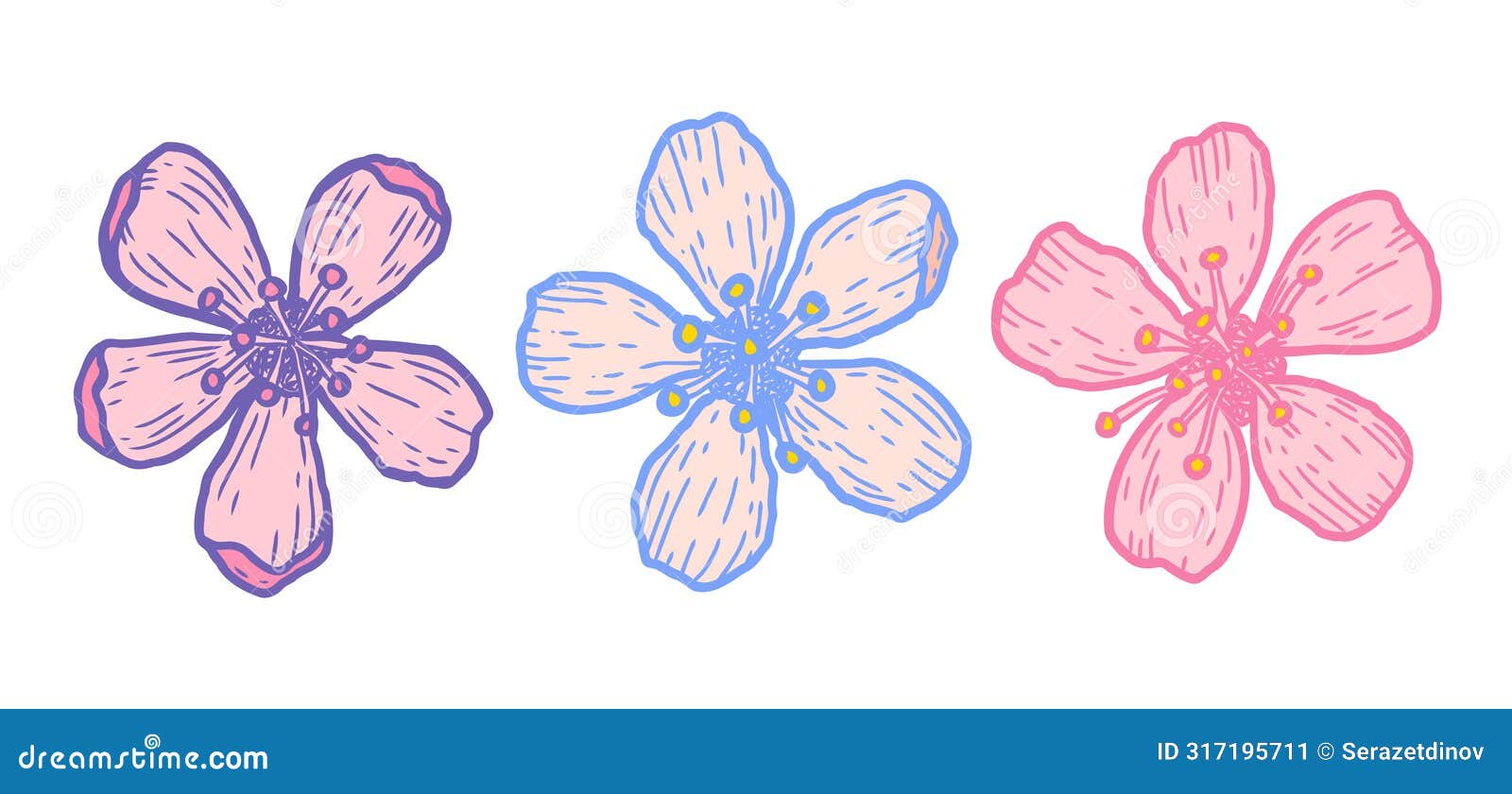 Vector Icons of Cherry Flowers in Doodle Style. Vector Sketch of Sakura ...