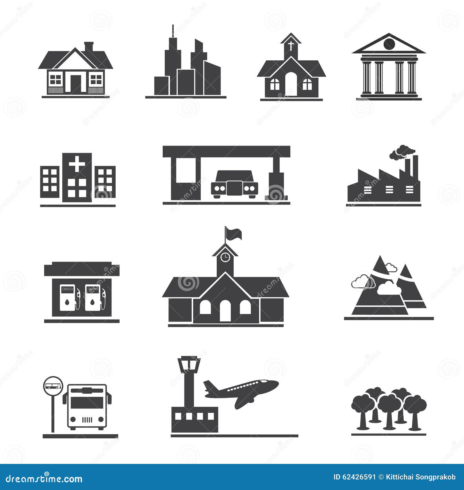 Vector Icons Set of Places. Stock Vector - Illustration of real ...