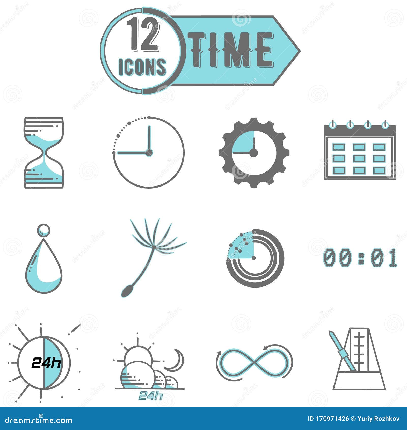 12 Vector Icons on the Theme of Clock and Time. Vector Illustration ...
