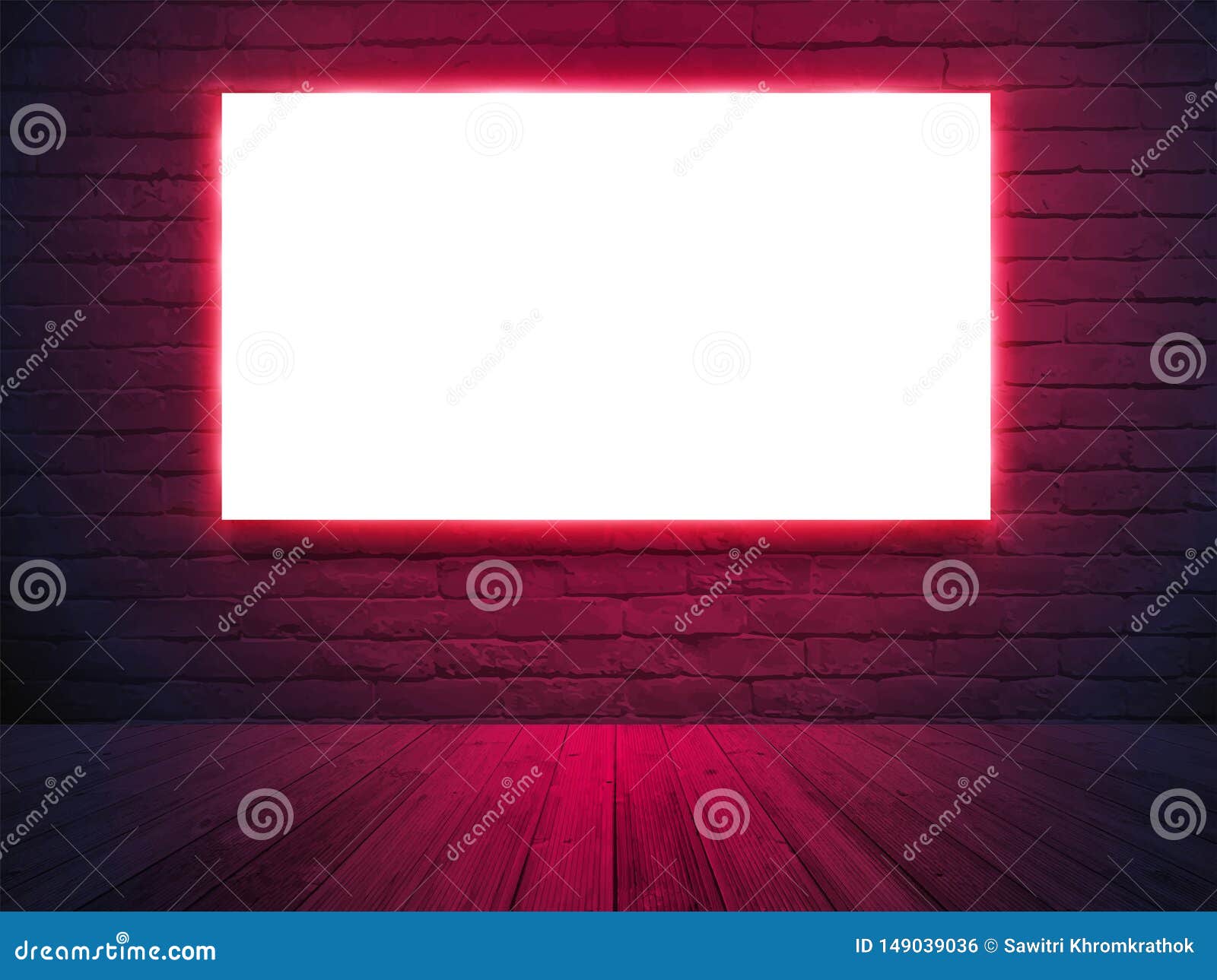 Vector Illuminated Light Box Screen with on Brick Wall Background, Neon ...