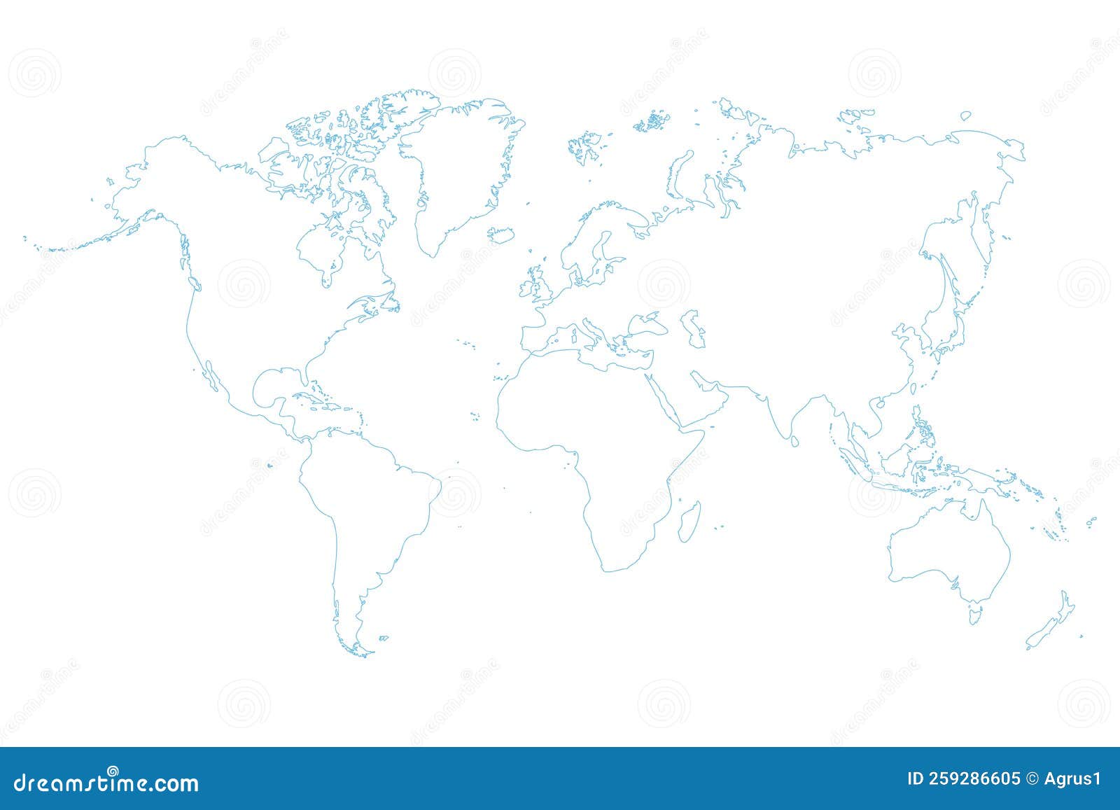 Vector Illustartion of Blue Colored World Map Outline on White ...