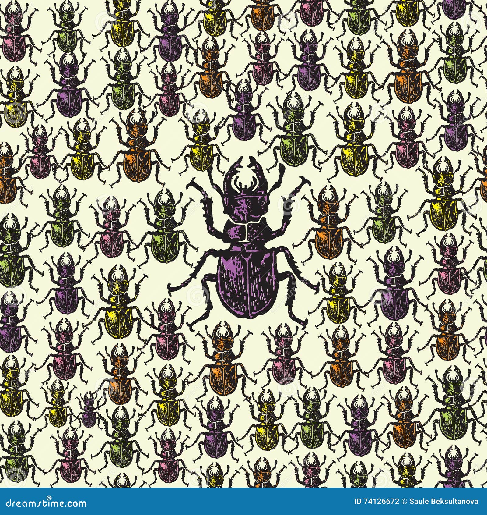 Vector Illustrated Seamless Stag-beetle Pattern Stock Illustration ...
