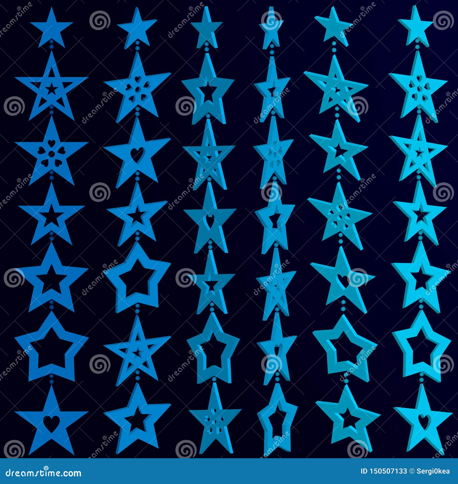 Garlands of Three-dimensional Light Blue Stars on Dark Background ...