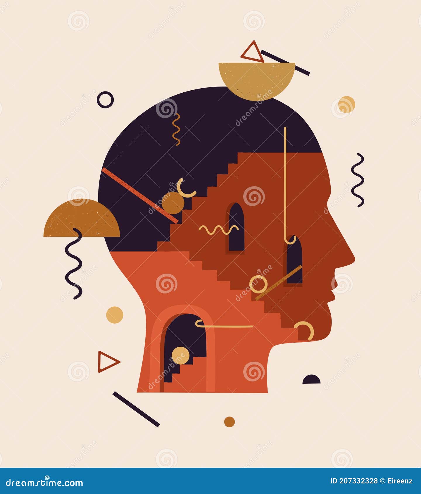 Vector Illustration of Abstract Human Head with Stairs, Doors ...