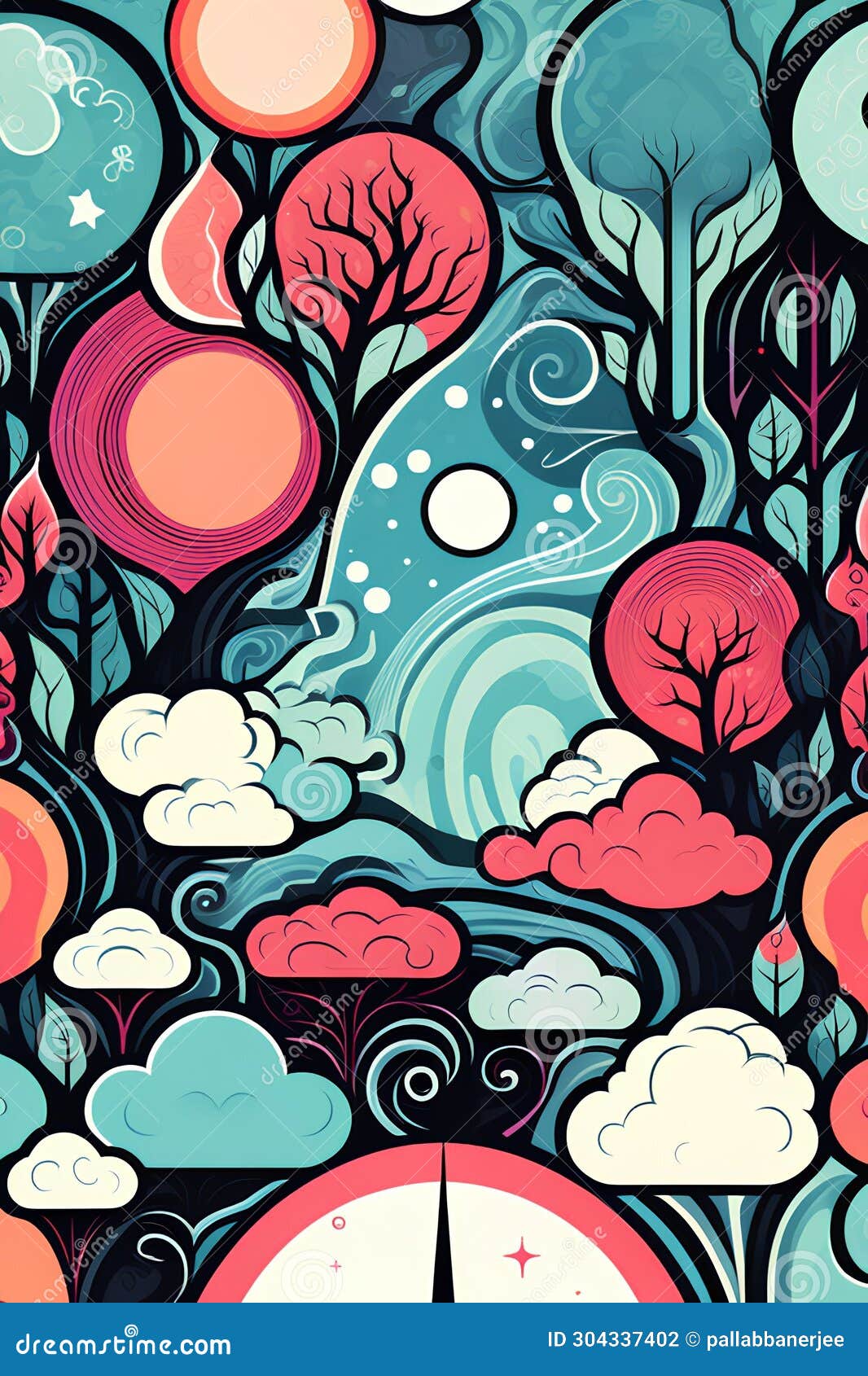 Vector Illustration of Abstract Landscape with Tree, Clouds, Moon and ...