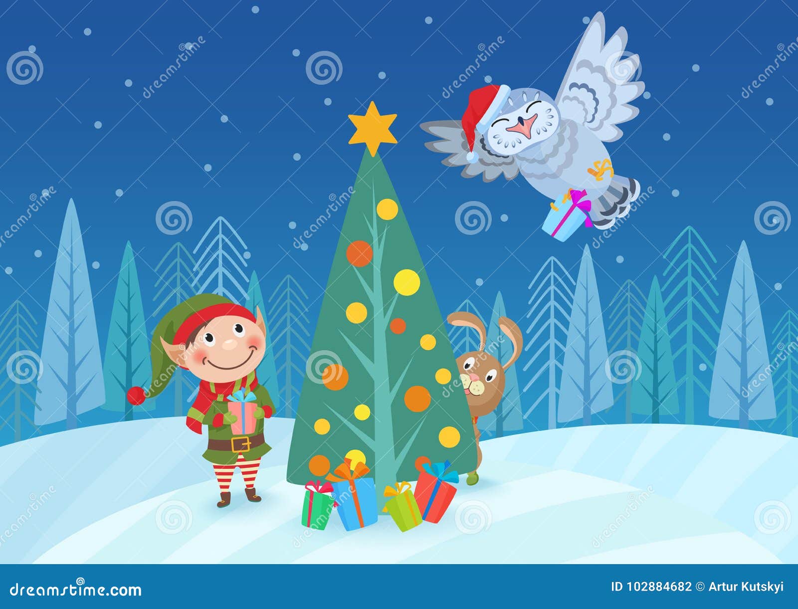 Vector Illustration of Adorable Elf and Animals at Christmas Tree in ...