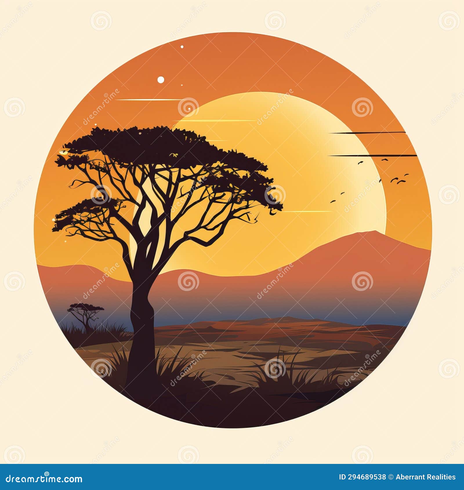 Vector Illustration of African Sunset Landscape with a Tree in the ...