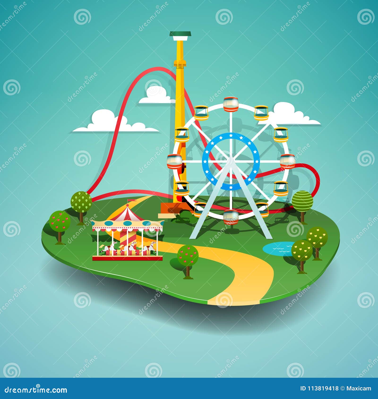 Vector Illustration of Amusement Park. Paper Cut Style Stock Vector ...