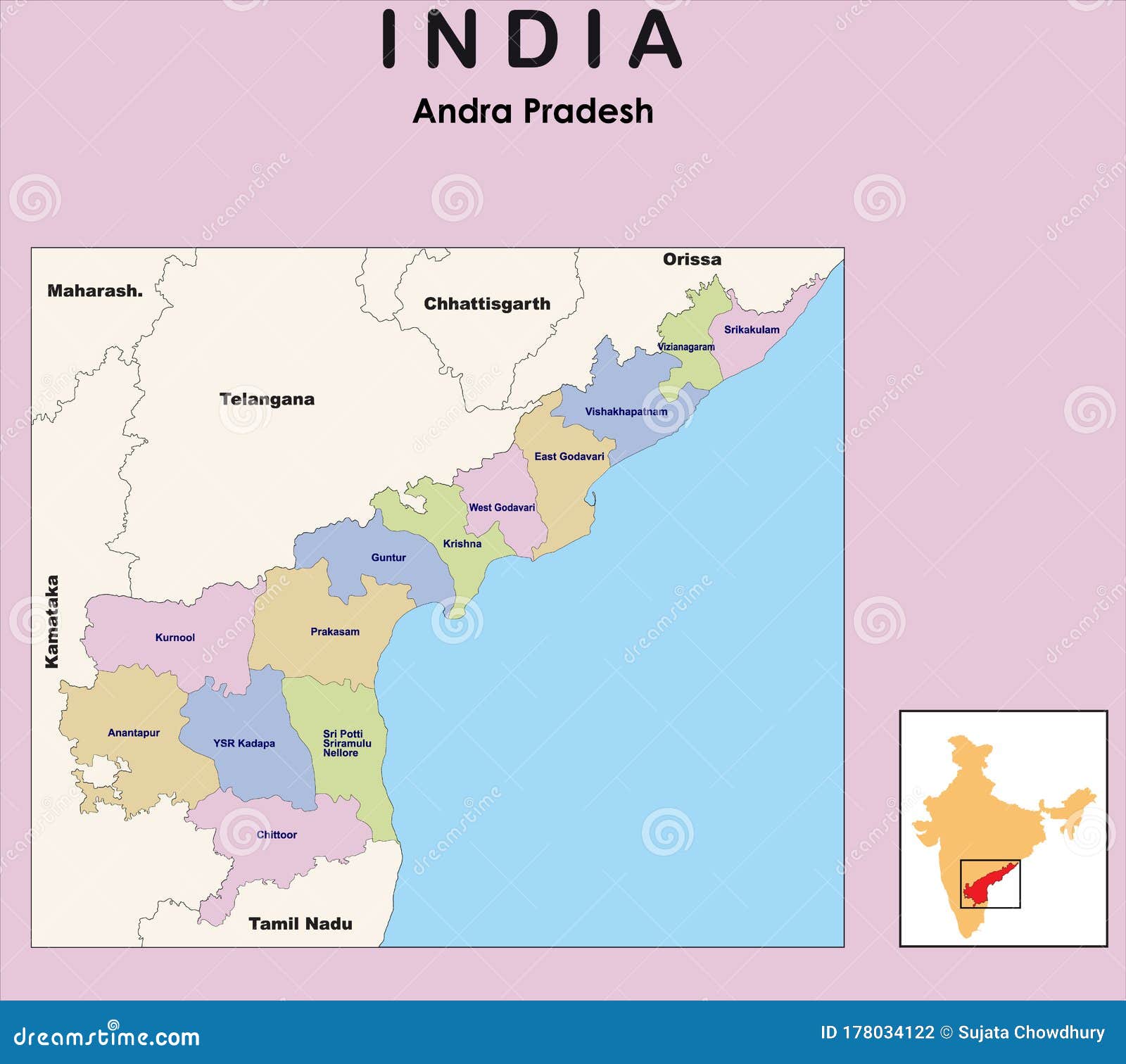 Vector Illustration of Andhra Pradesh District Map with Border in ...