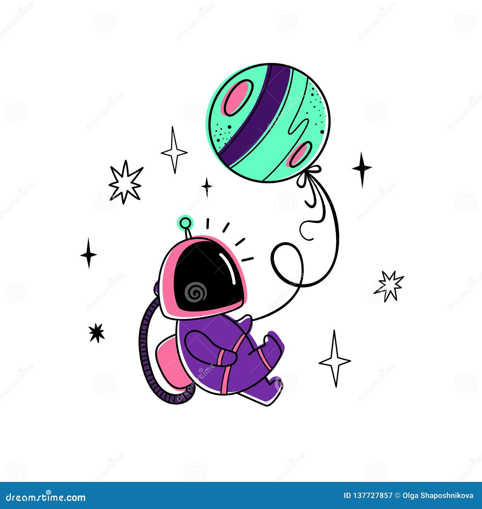 Vector Illustration of an Astronaut and a Planet. Balloon. Doodle Style ...