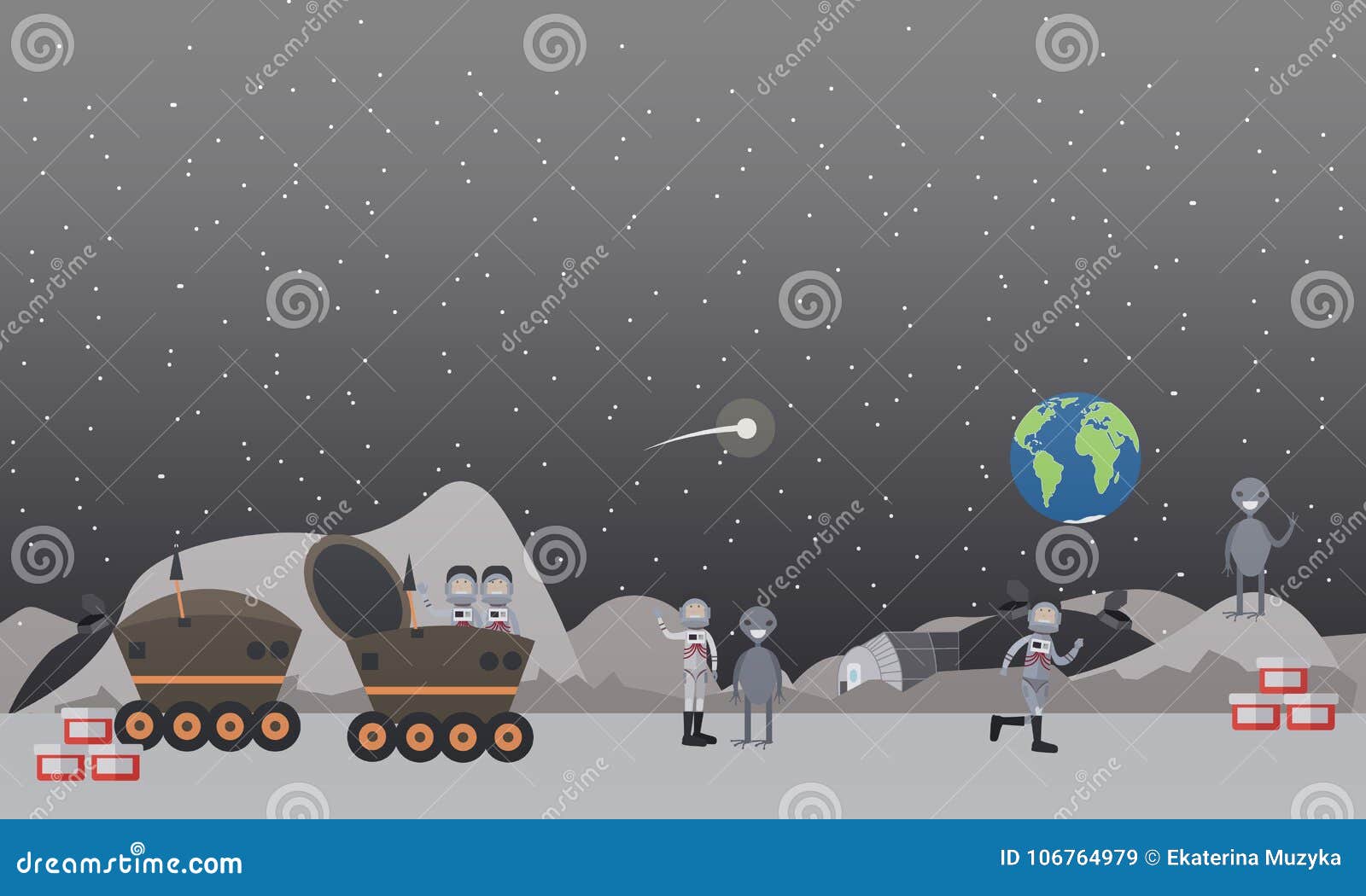 Astronauts Walking On Mars Surface With Space Starship Rocket Vector ...