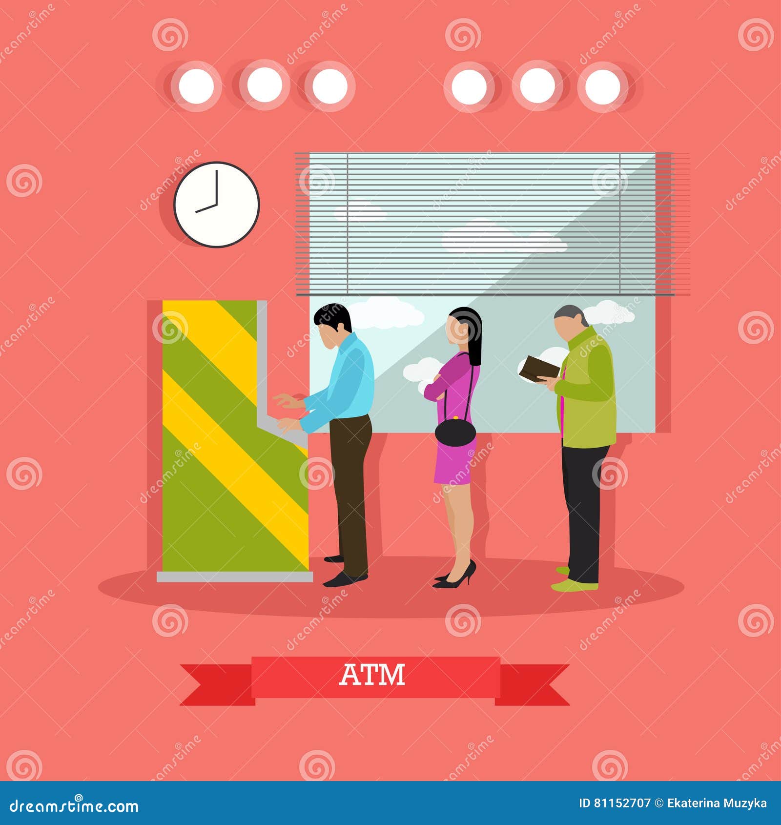 Vector Illustration of ATM, People Standing in Queue for Cash Stock ...