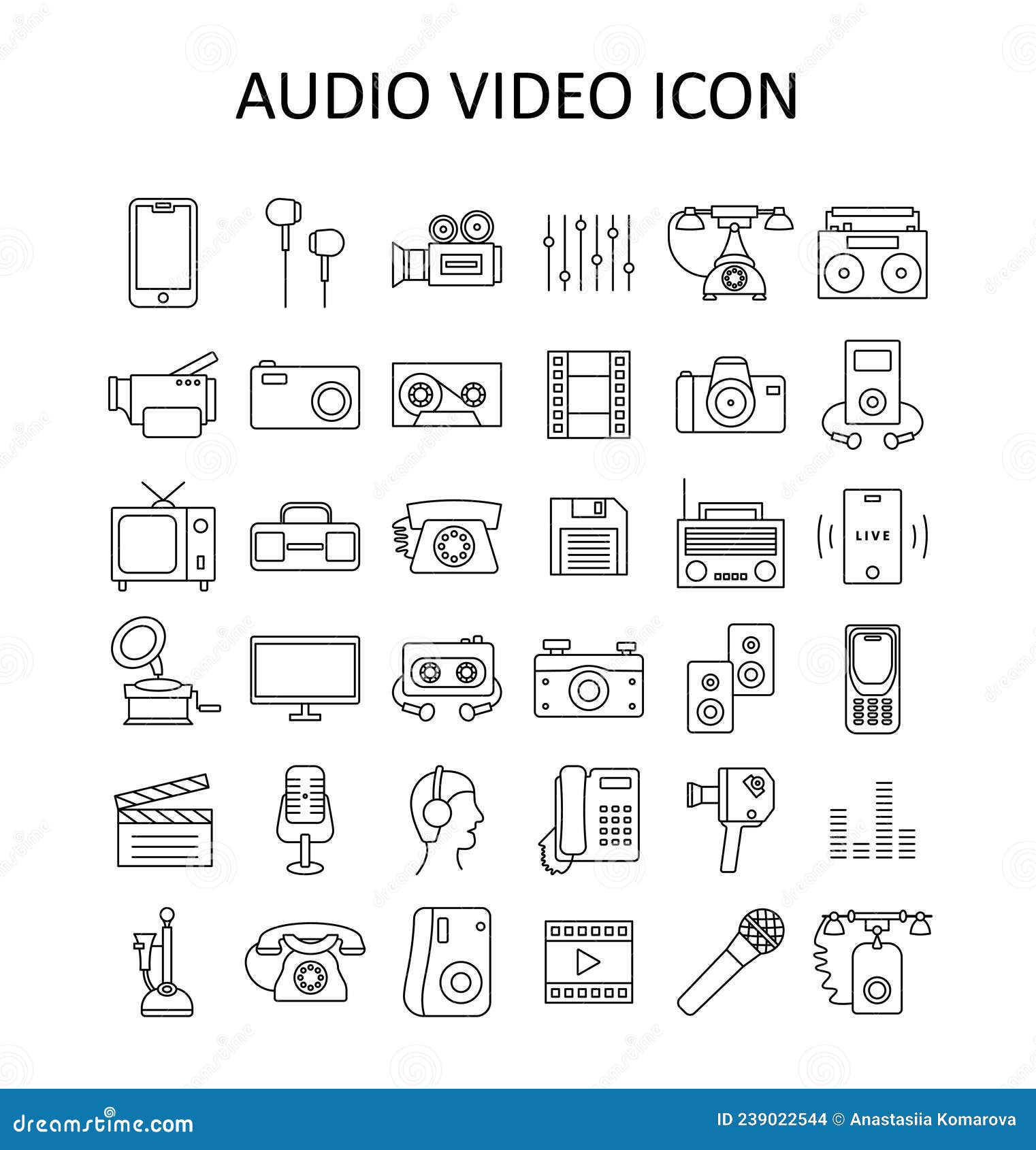 Vector Illustration with Audio and Video Icons. Outline Drawings Stock ...