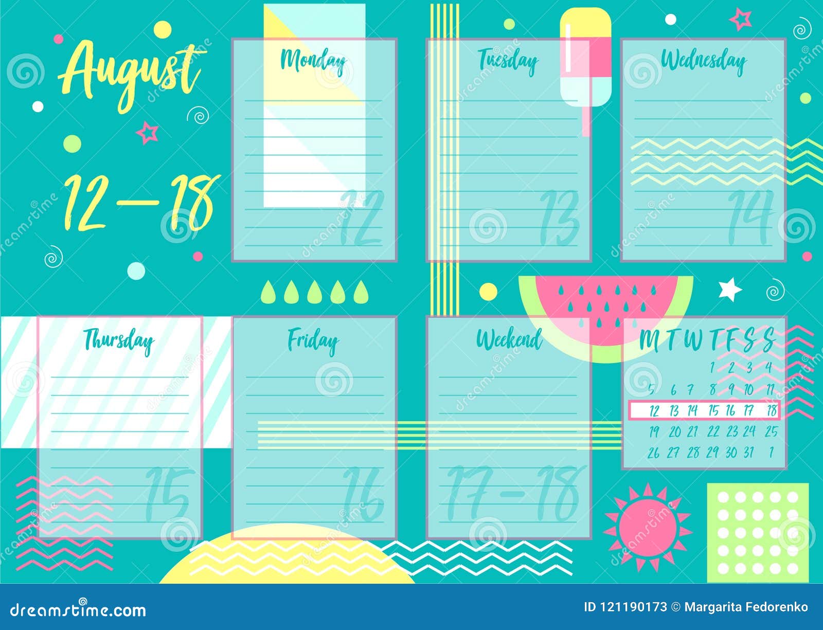August 2019 Weekly planner stock vector. Illustration of format - 121190173