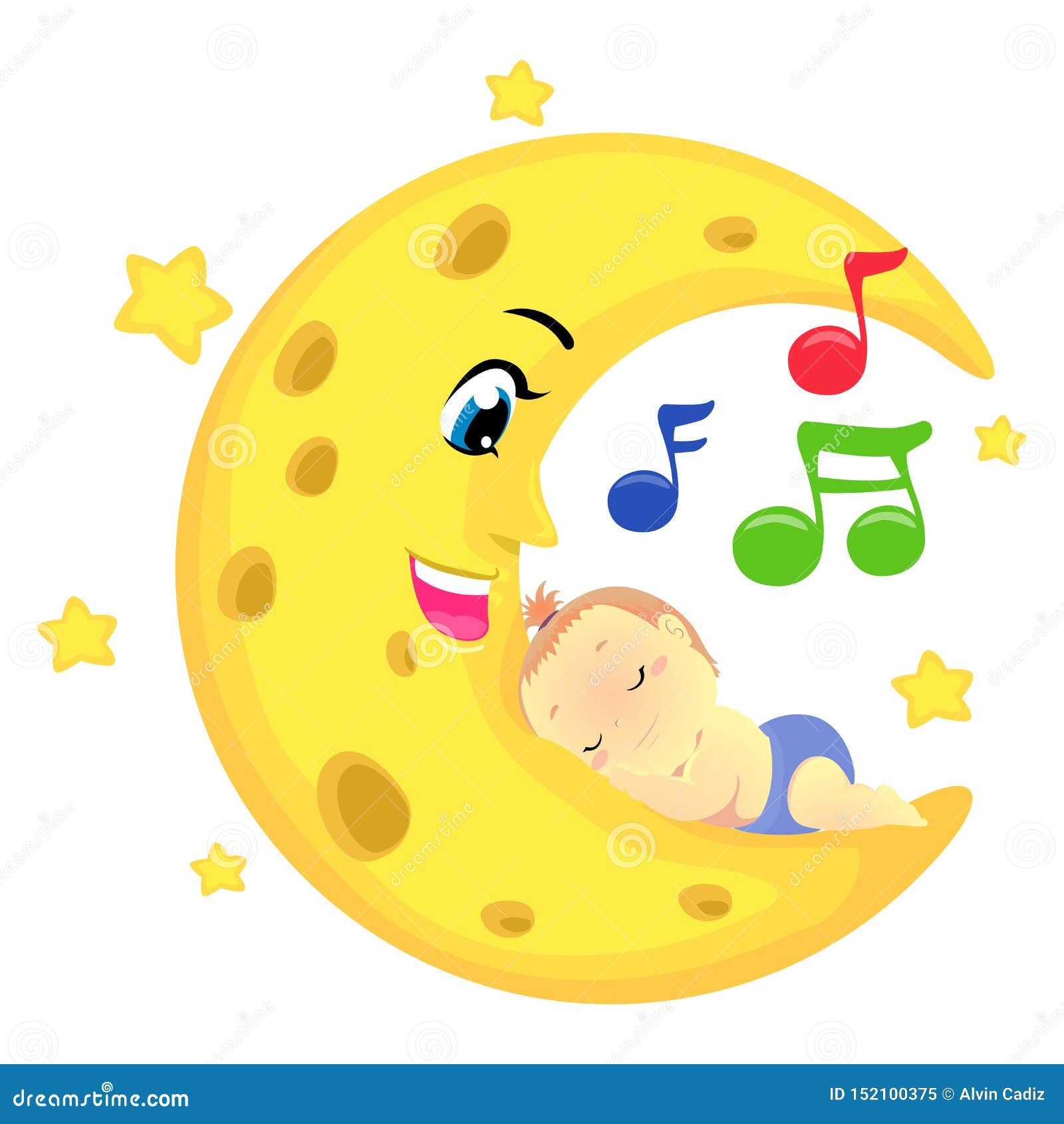 Vector Illustration of a Baby Sleeping on the Moon with Musical Notes ...