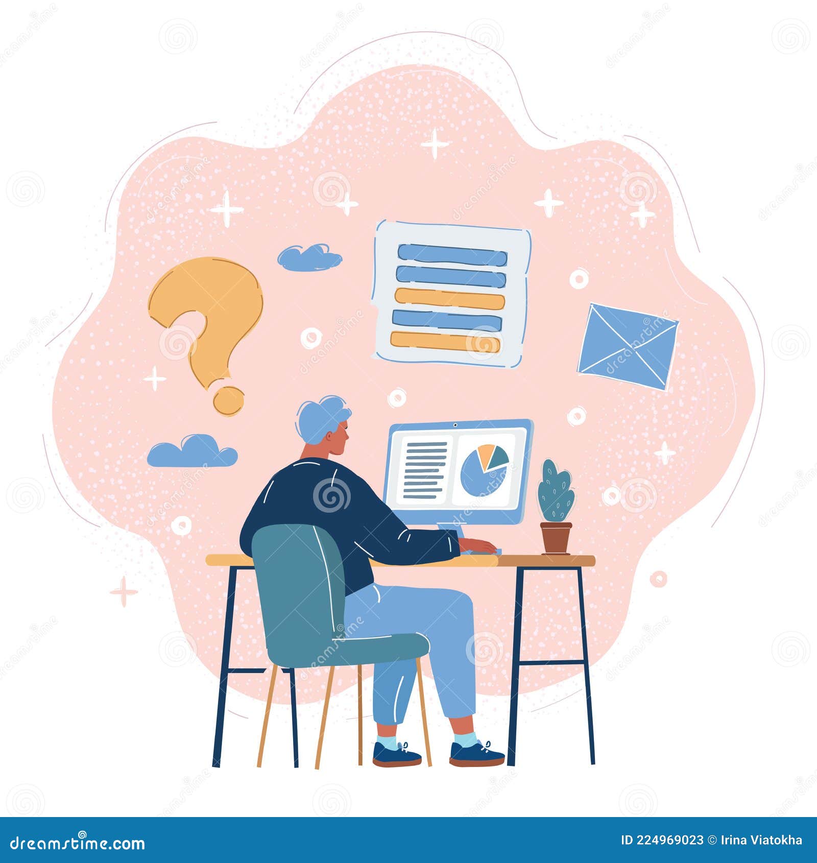 Vector Illustration of Back View of Business Man Working on Desktop ...