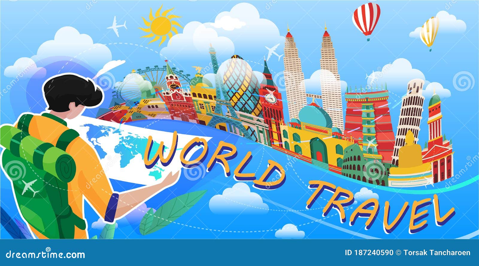 Vector Illustration of Backpacker with World Map Stock Vector ...