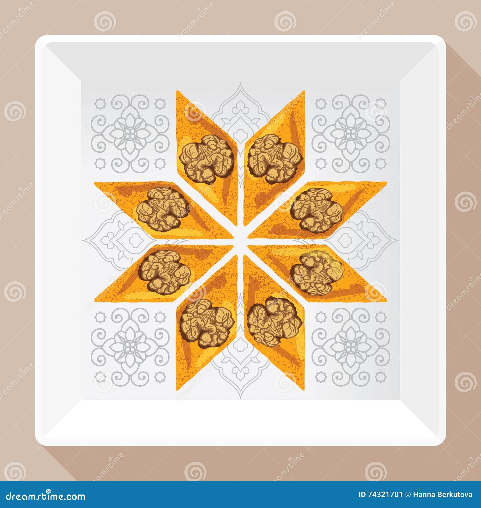 Vector Illustration of Baklava on a Square White Plate with a ...