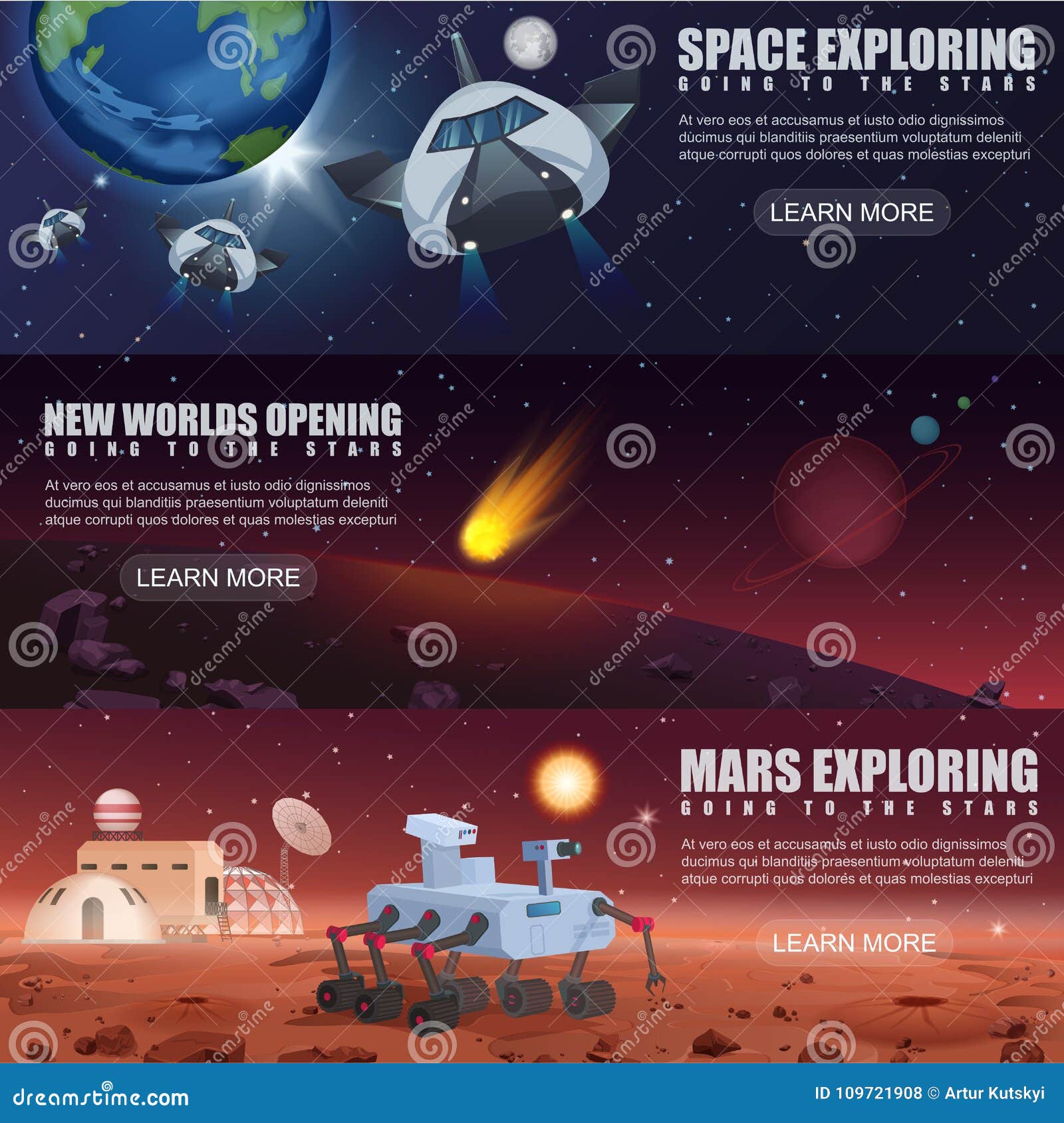 Vector Illustration Banners of Space Flight Spaceships Exploration ...