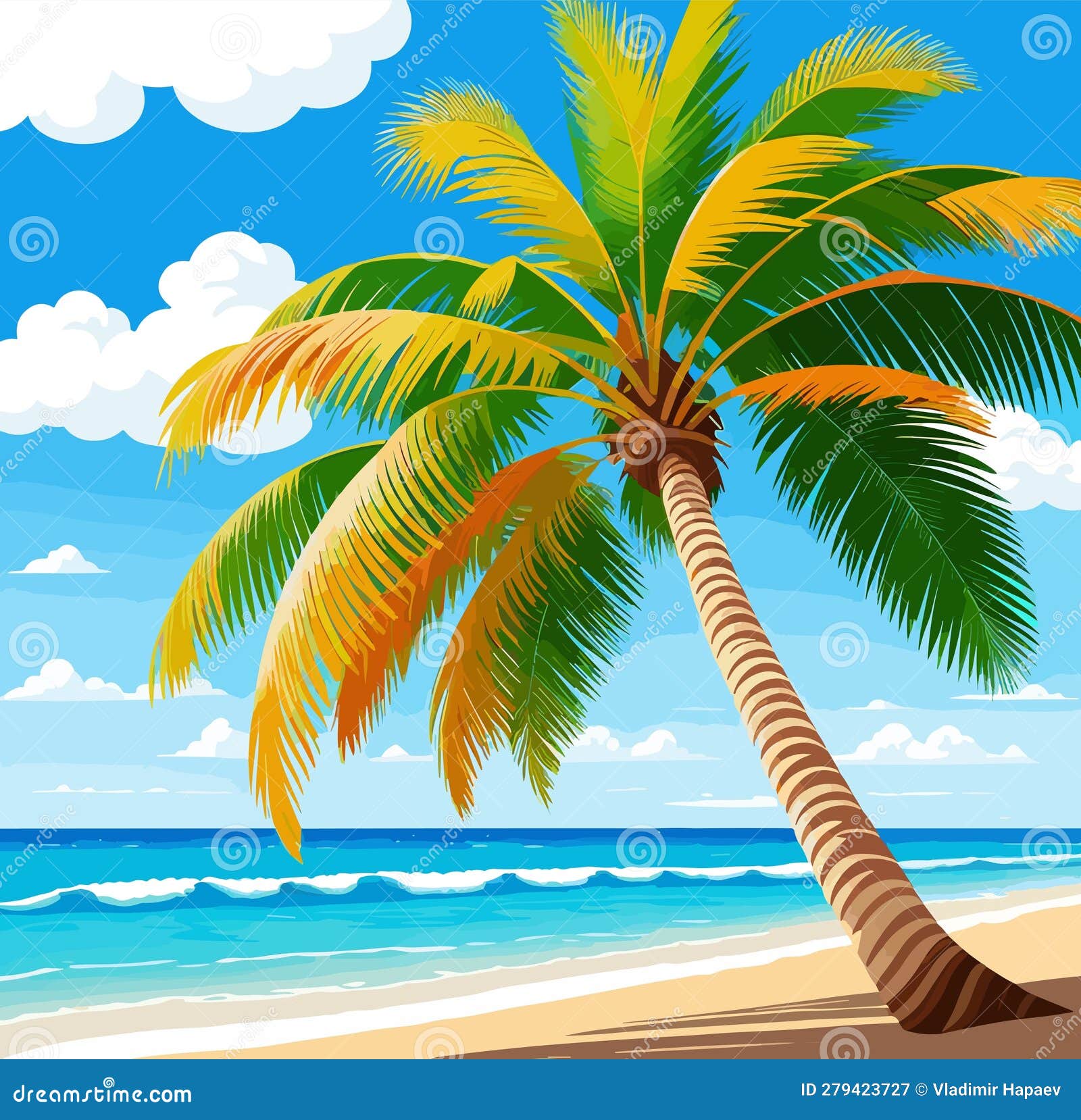 Vector Illustration of a Beautiful Beach with a Palm Tree Stock ...