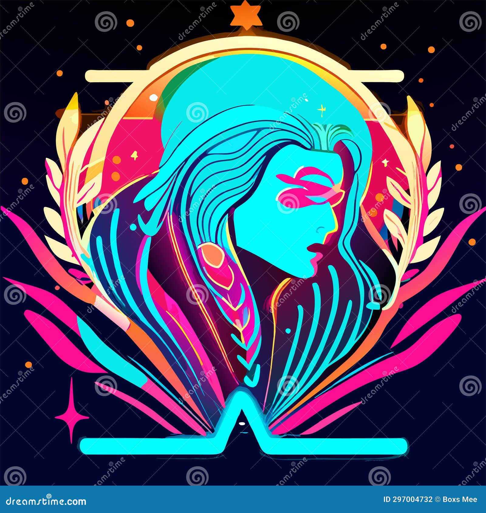 Vector Illustration Of A Beautiful Girl With Long Hair In A Neon Style